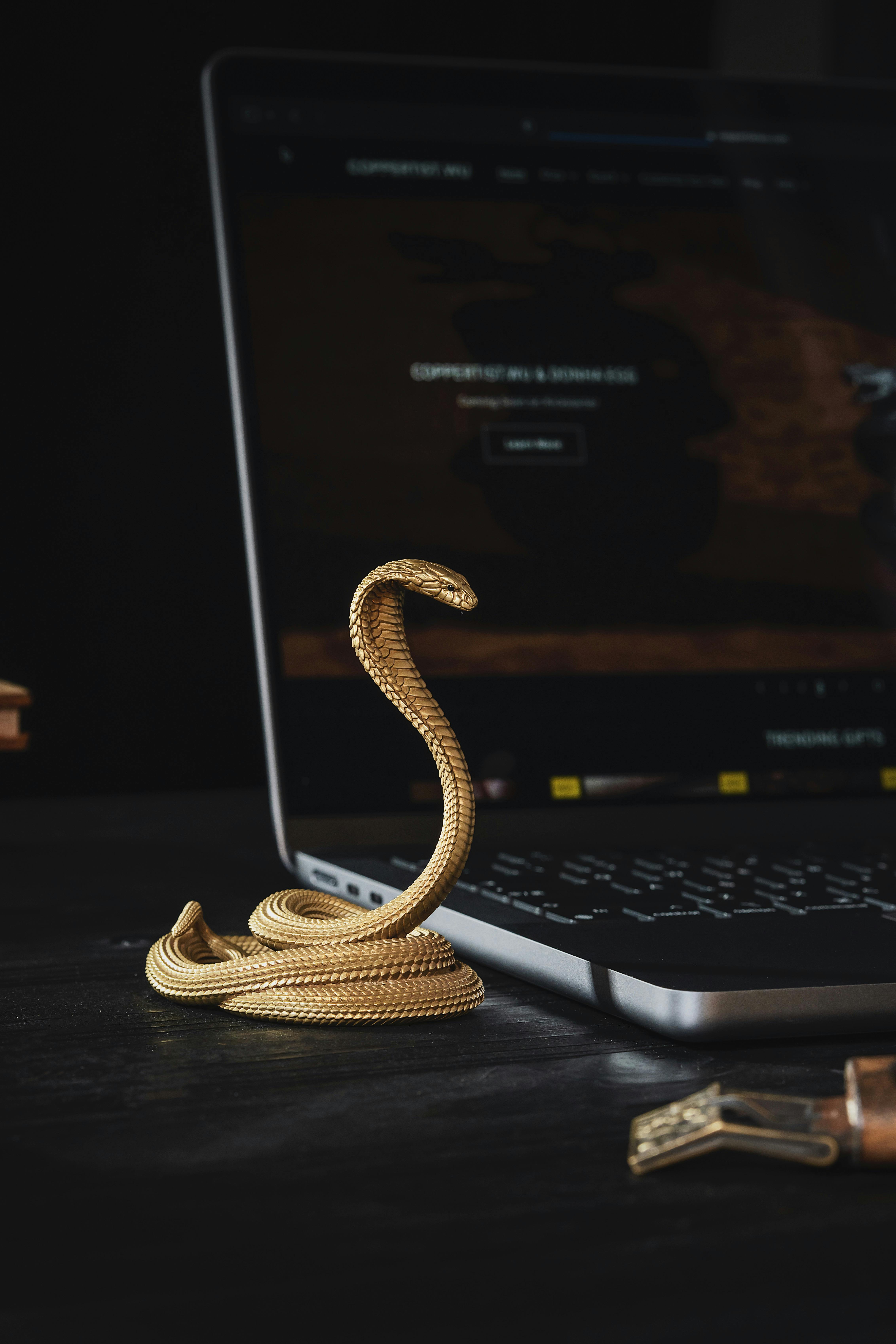 A Handmade, Golden Cobra Phone Stand Standing next to a Laptop · Free ...