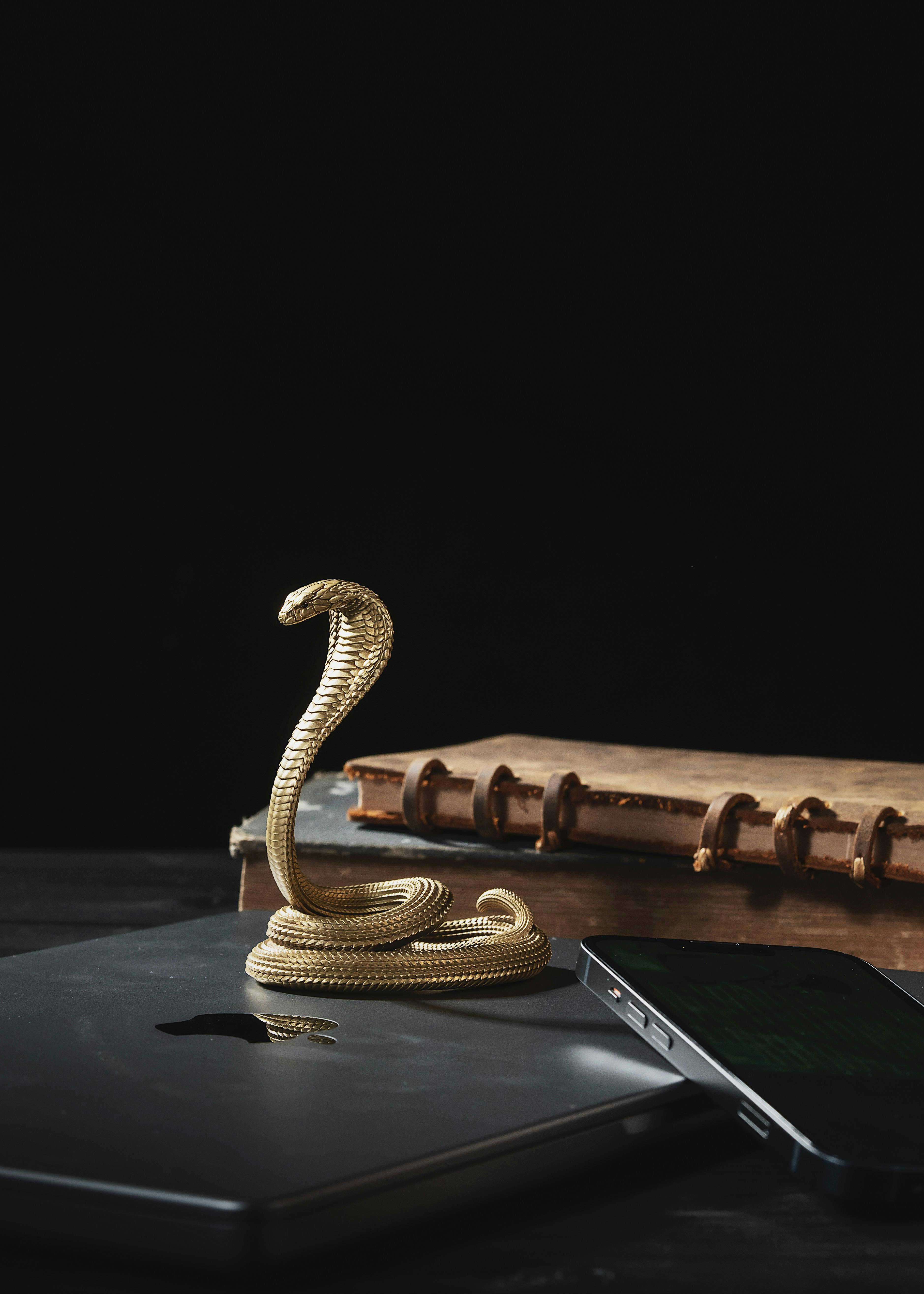 A Handmade, Golden Cobra Phone Stand Standing on a Laptop · Free Stock ...
