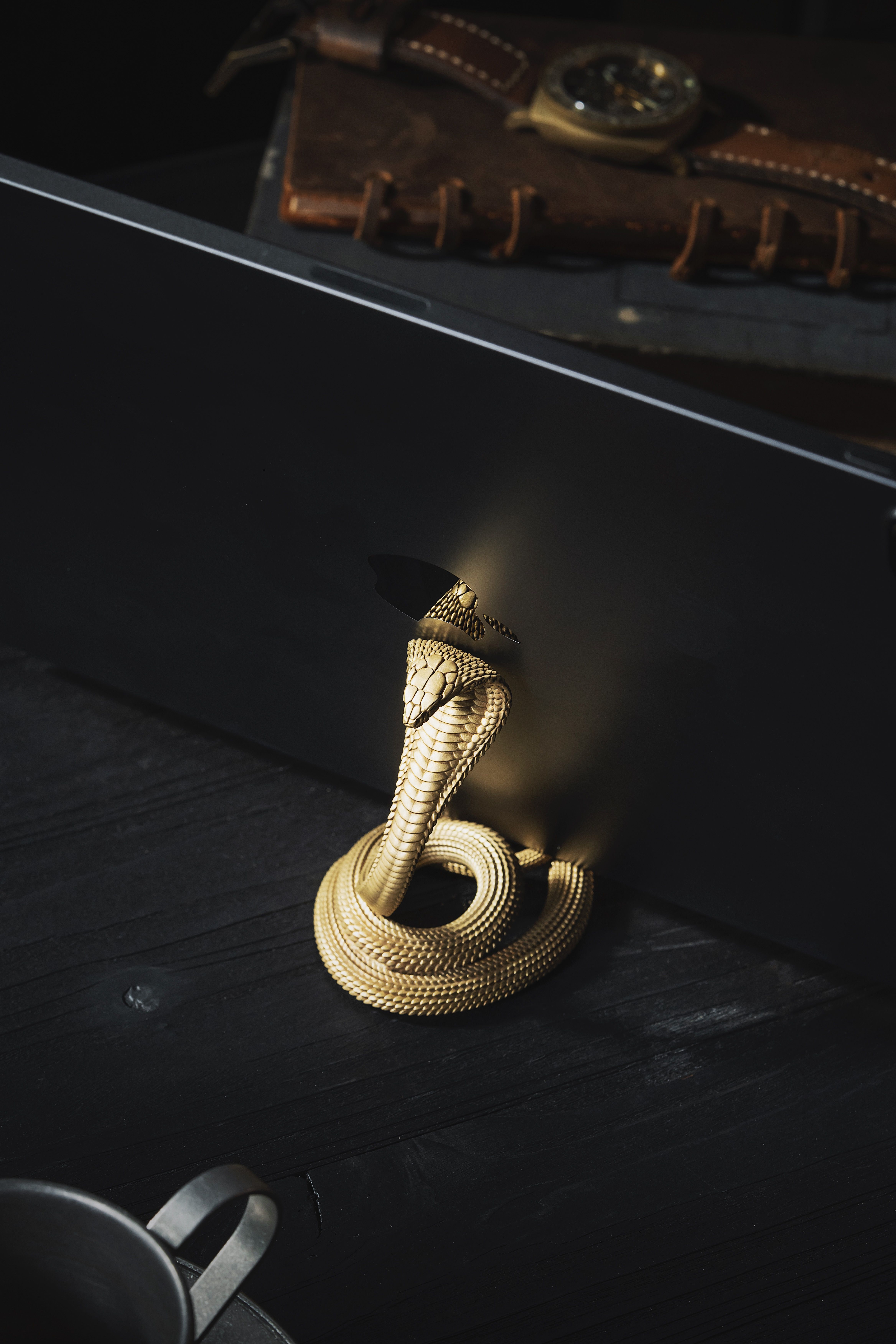 A Handmade, Golden Cobra Stand Standing behind a Laptop · Free Stock Photo