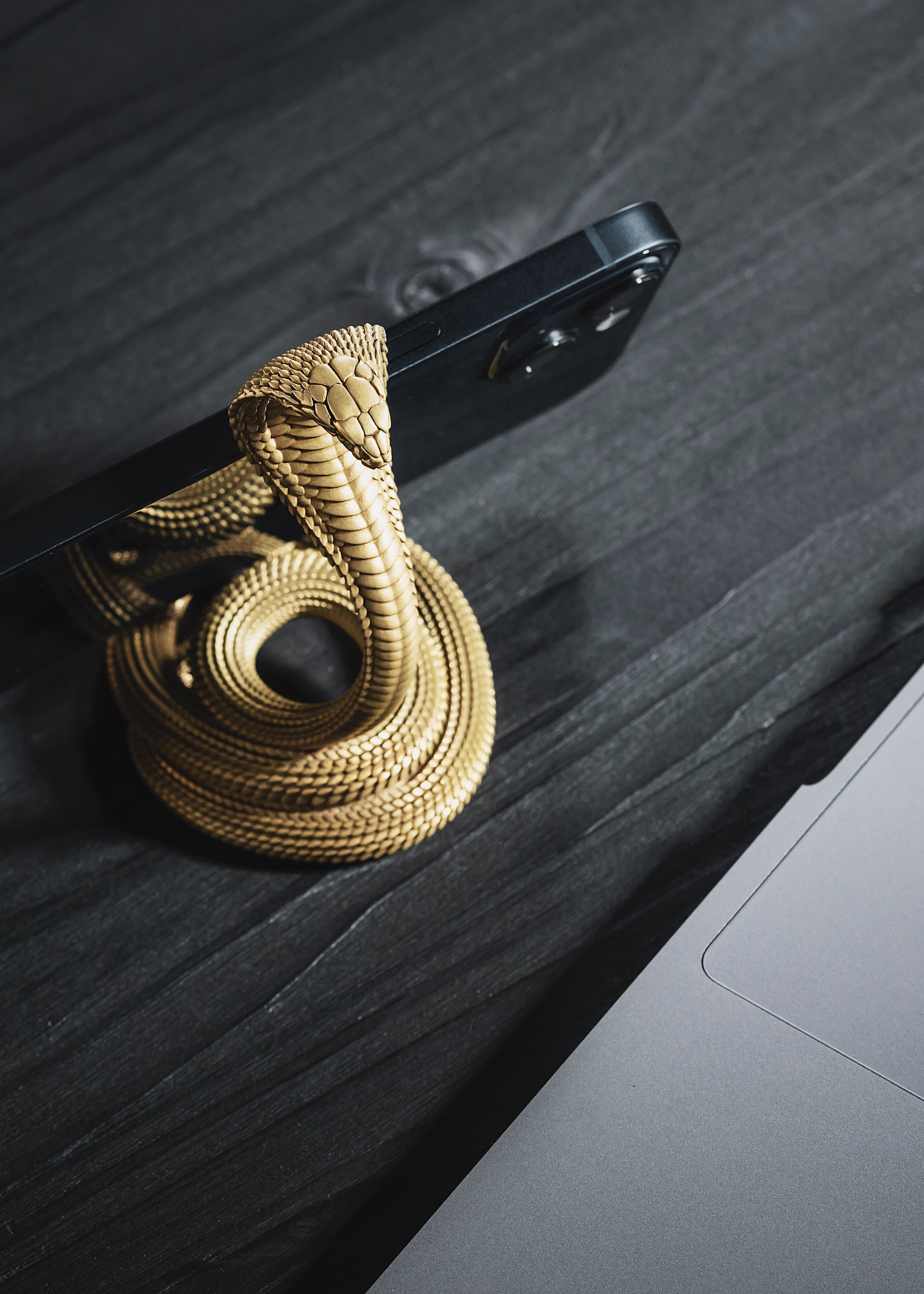 Snake-shaped Brass Smartphone Stand on a Desk · Free Stock Photo