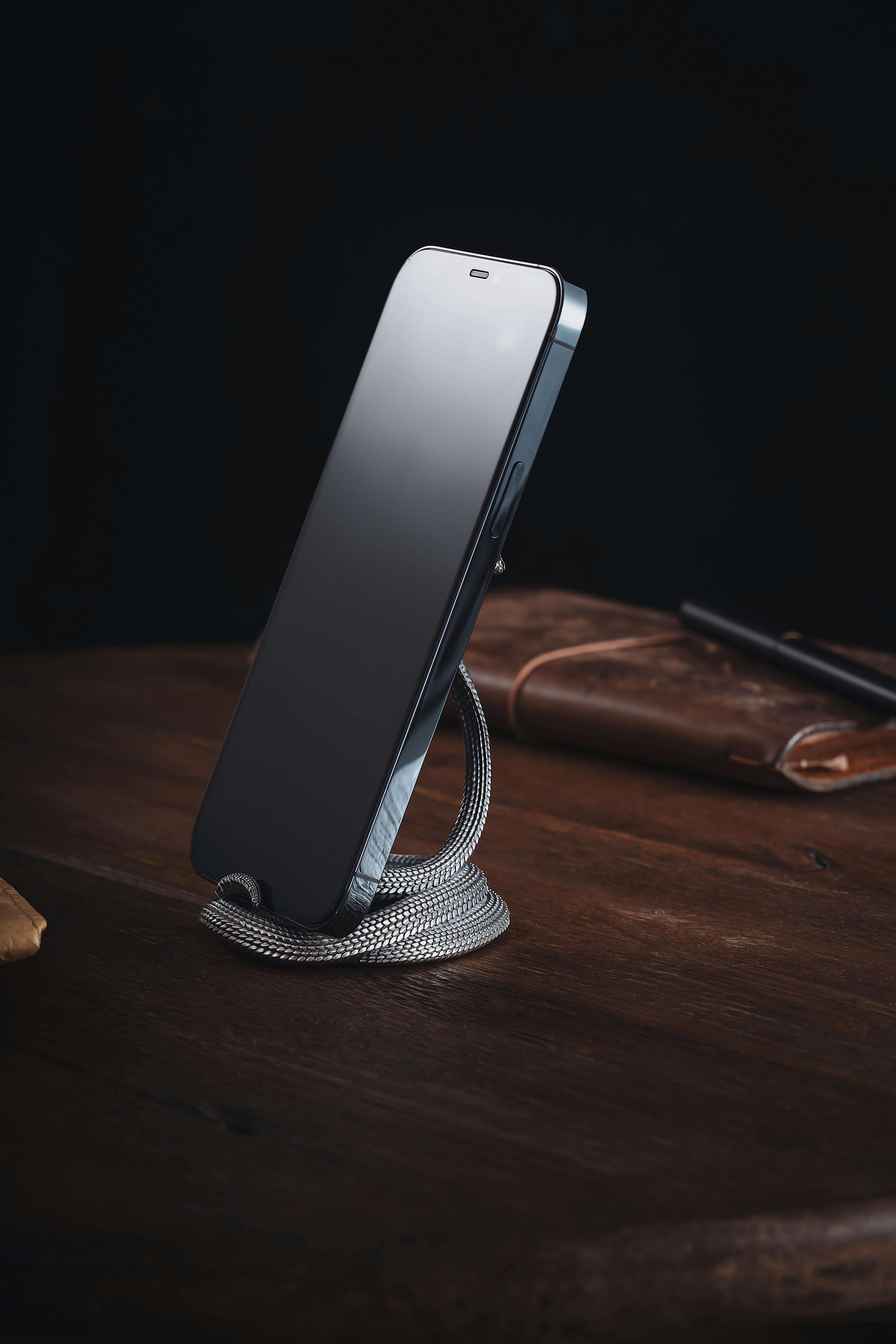 IPhone on Oxidized Silver Phone Stand in the Shape of a Snake on a ...