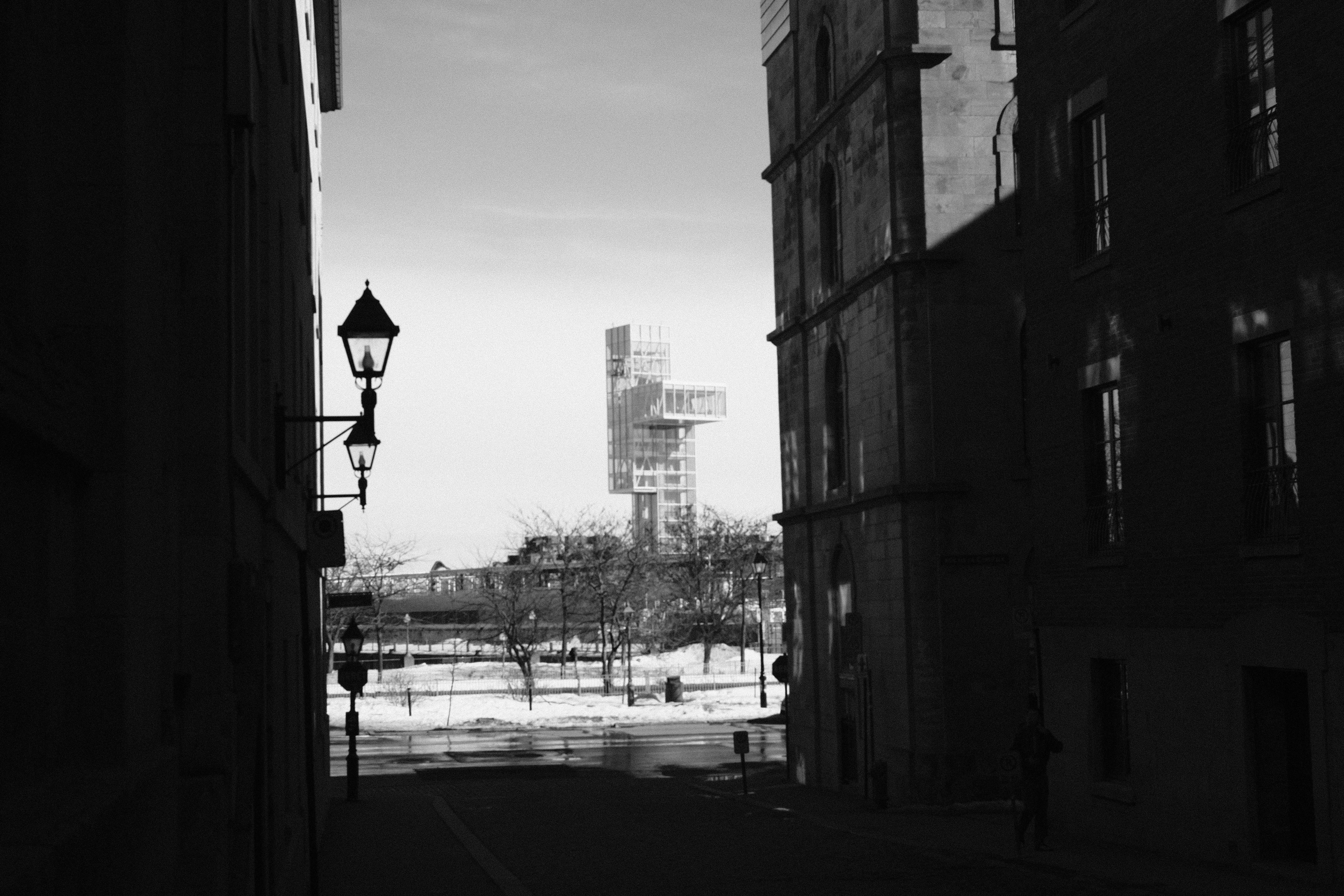 Buildings in Shadow in Black and White · Free Stock Photo