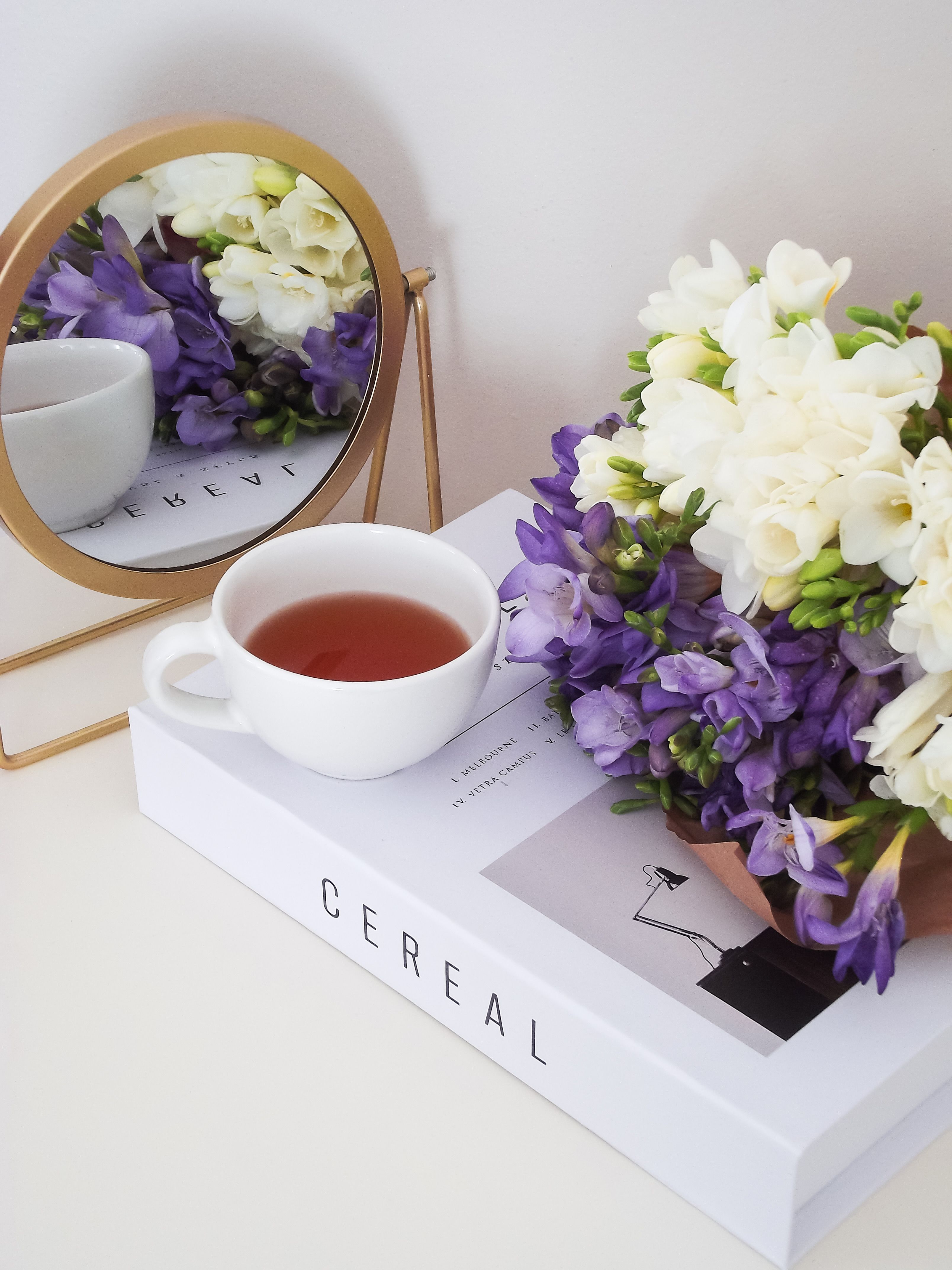 Book, Flowers, Tea and Mirror · Free Stock Photo