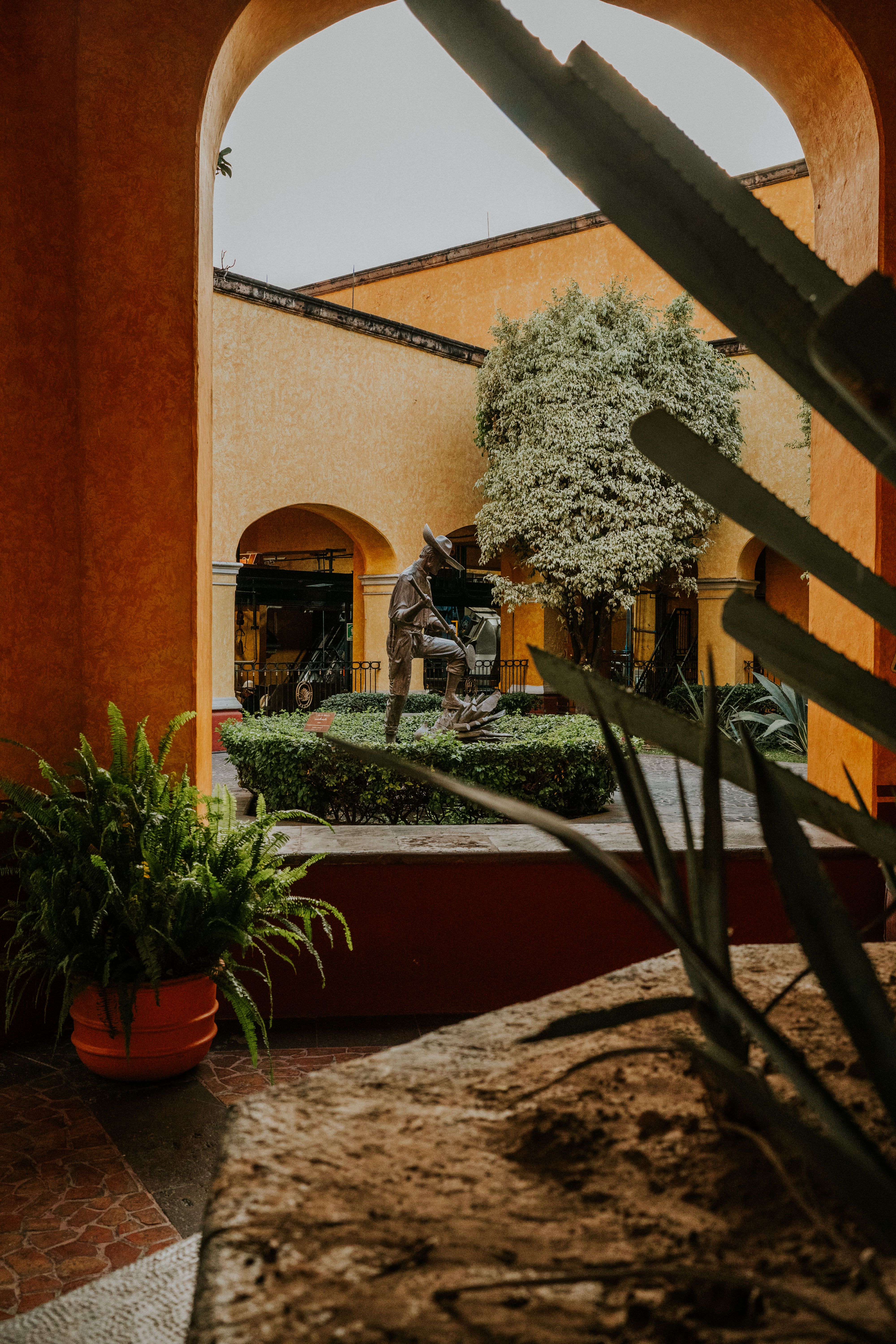 A courtyard with a statue and plants · Free Stock Photo