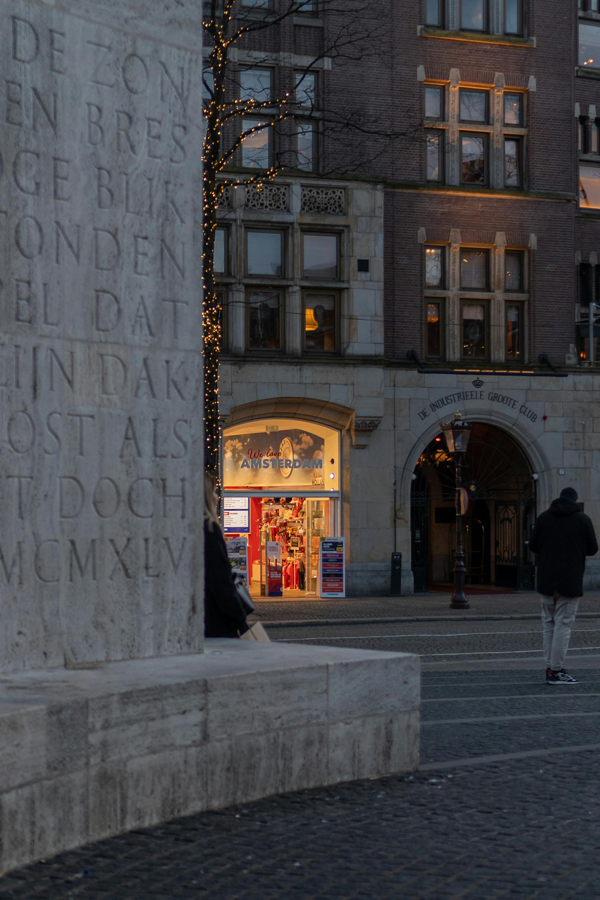 Illuminated Store in a Building on the Town Square in Amsterdam, the ...