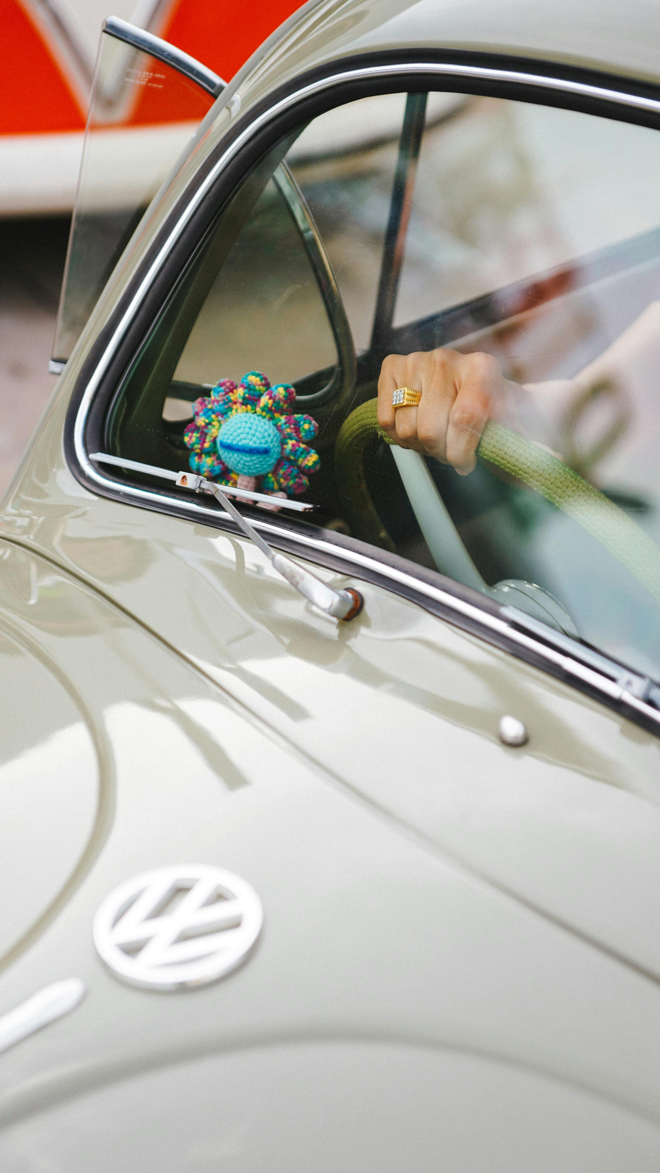 Windshield of an Olive Green Volkswagen Beetle Type 1 with the Steering ...
