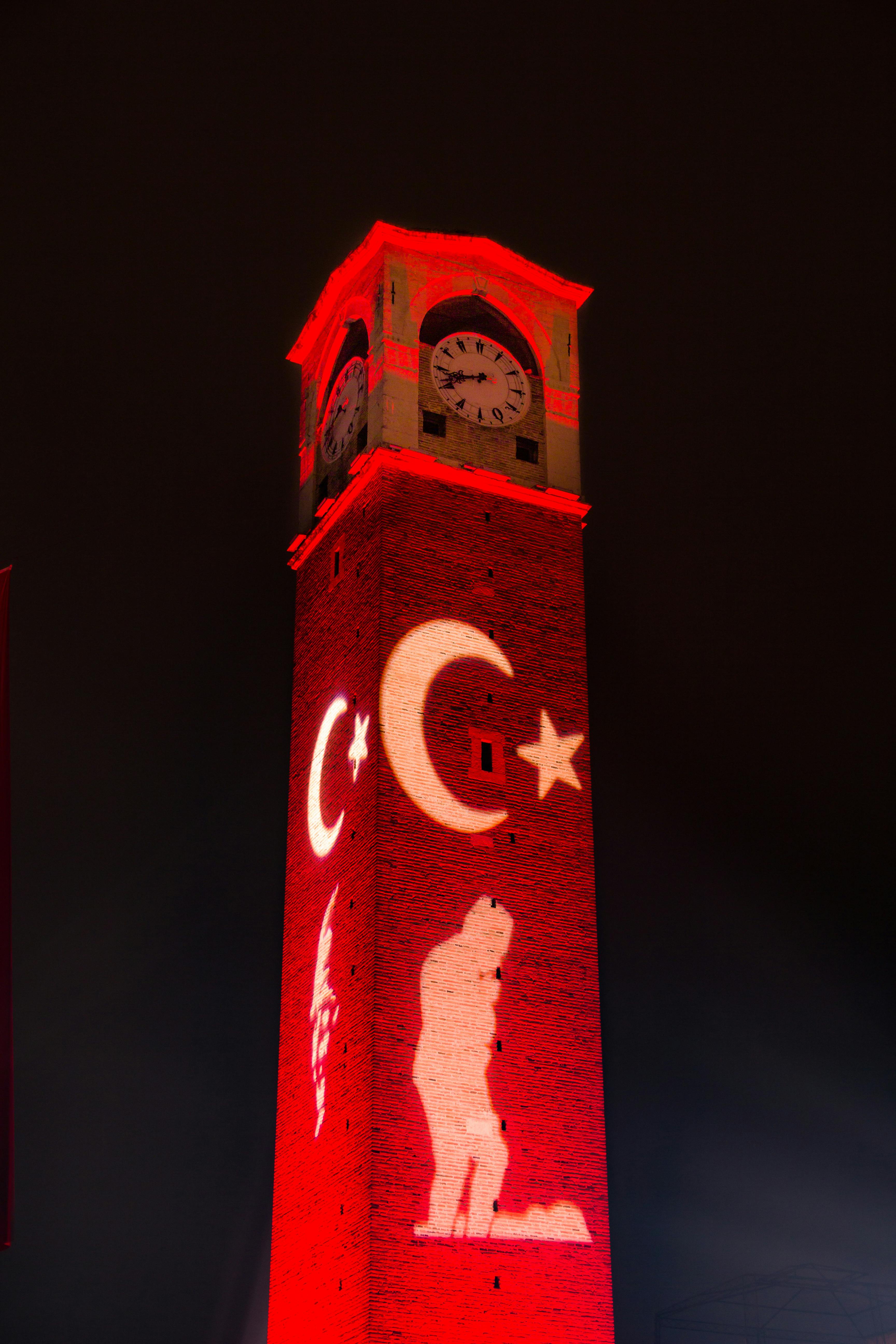 Great Clock Tower Illuminated with the Turkish Flag in Adana, Turkey ...
