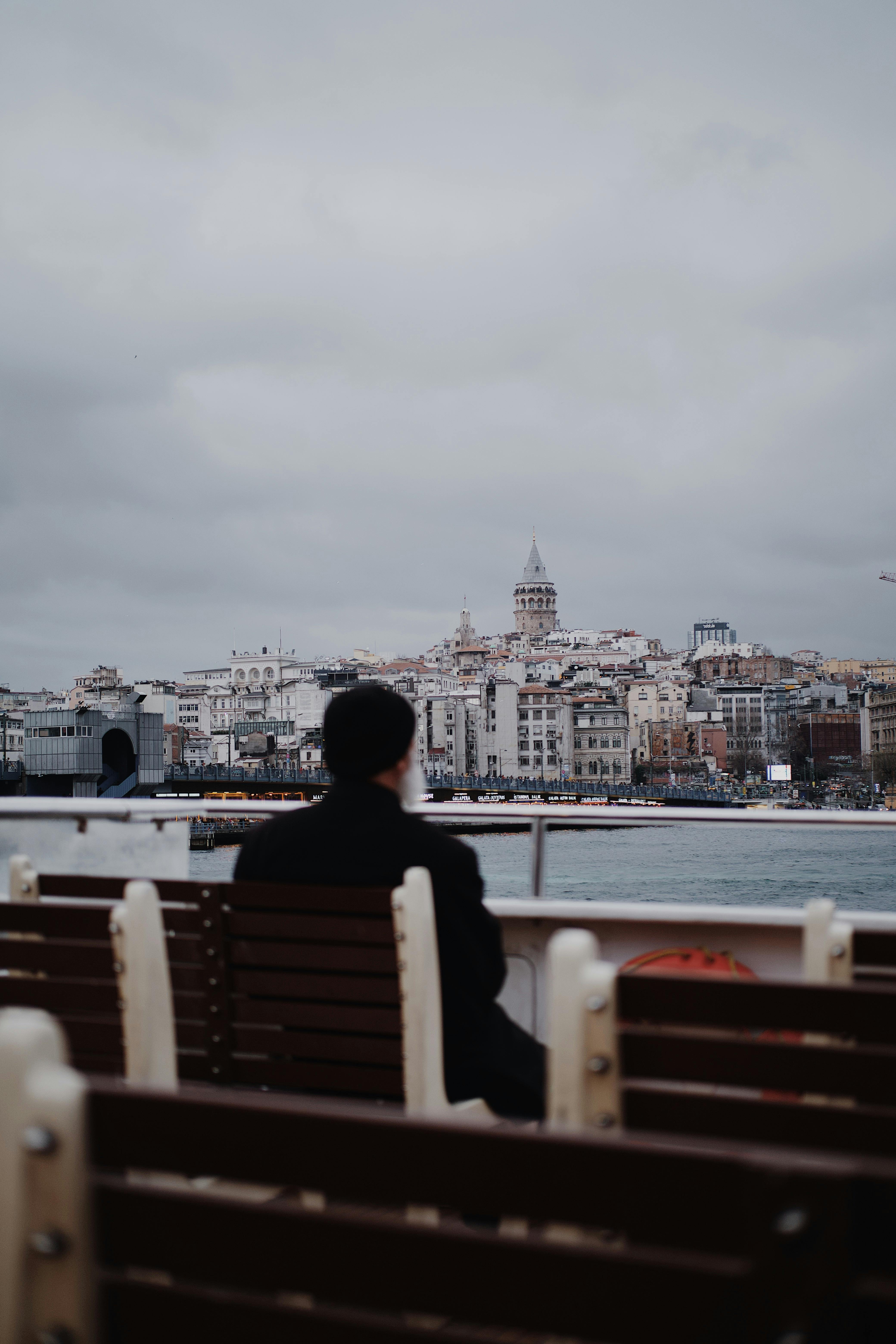 Back View of a Man Sitting on a Bench with a View of the City · Free ...