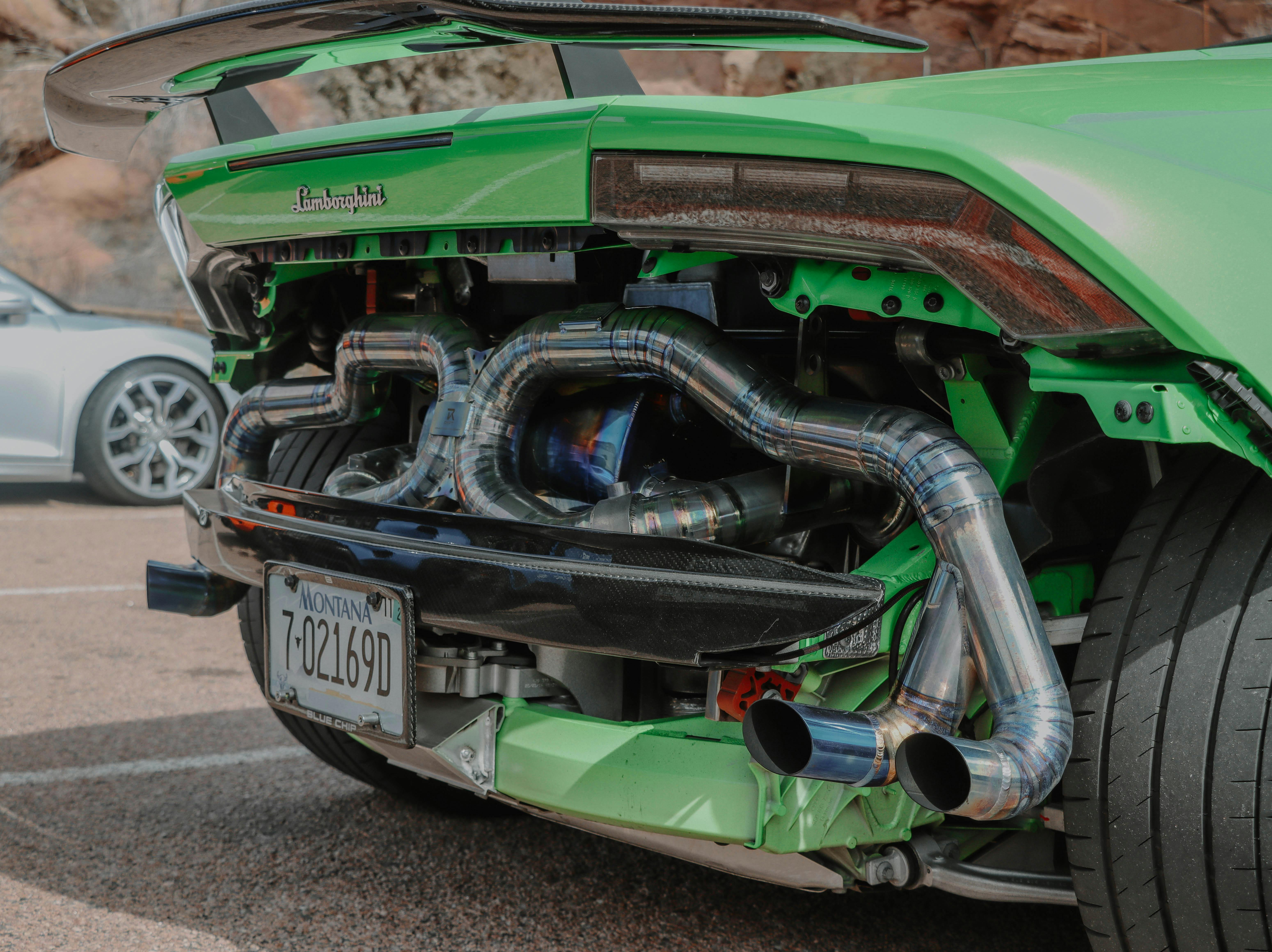 Close-up of the Built under the Rear Bumper in a Green Lamborghini ...