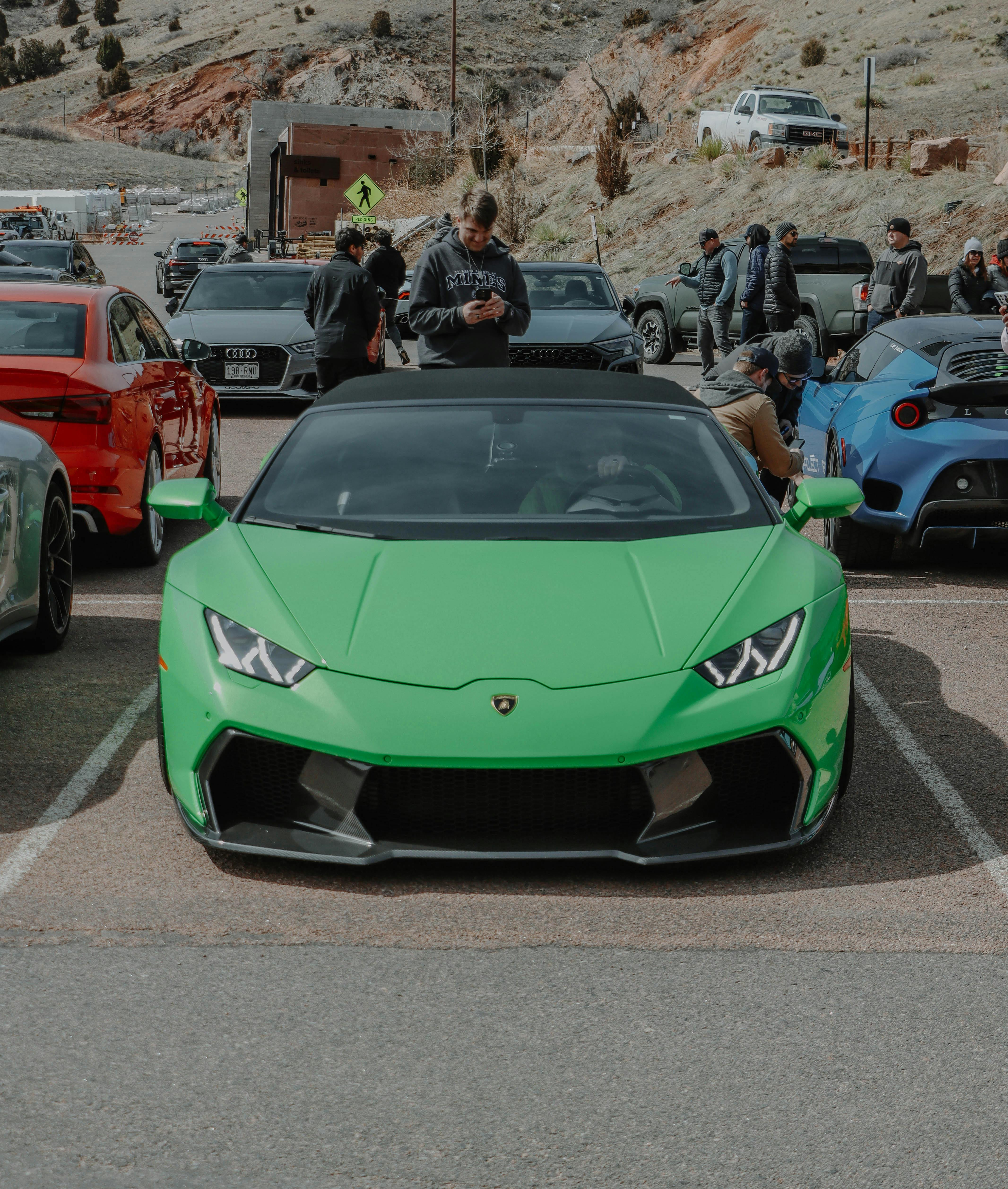 A Green Lamborghini Huracan on a Parking Lot at Red Rocks, Colorado ...