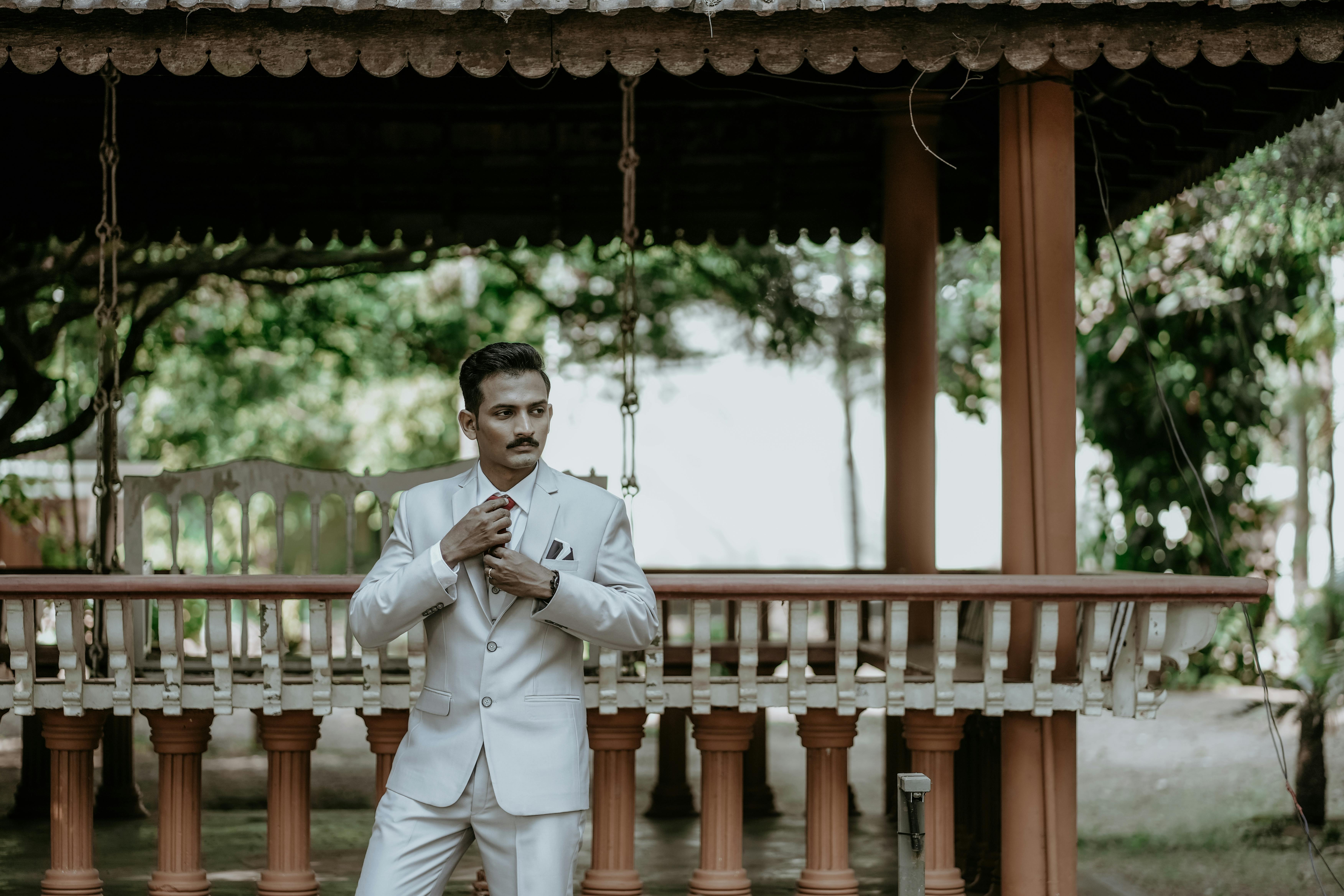 Groom with Mustache Wearing a Light Suit · Free Stock Photo
