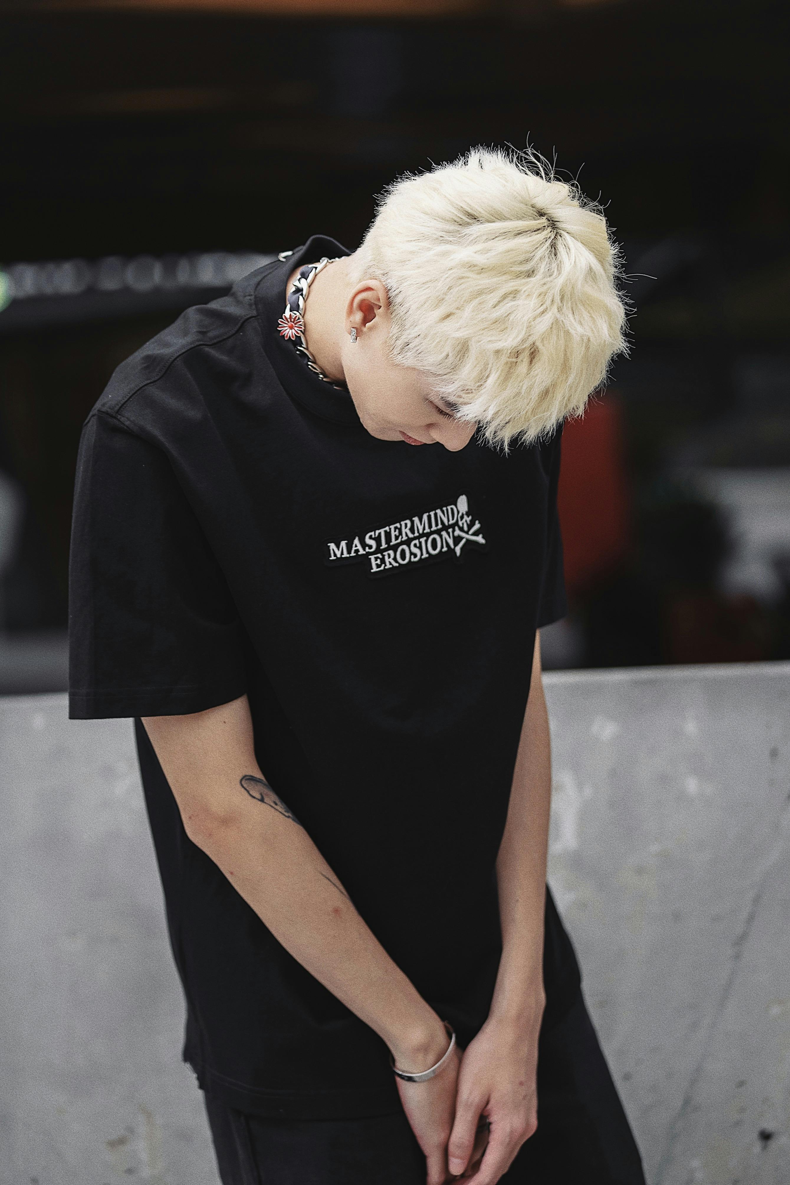 Back View of a Blond Man Wearing Black T-Shirt with Skeleton Graphics ...