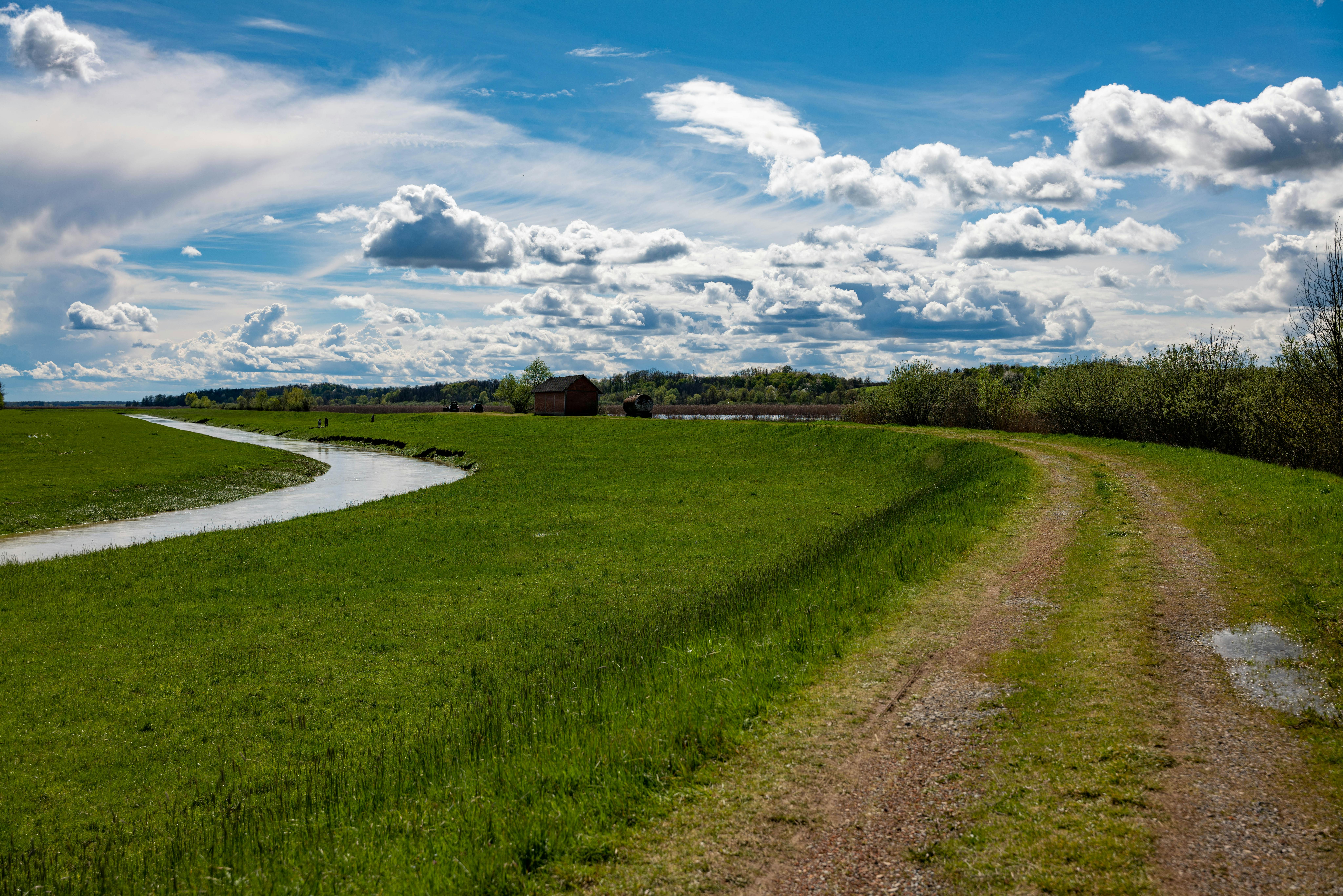 Rural Landscape of an Unpaved Road, Green Field and a River · Free ...