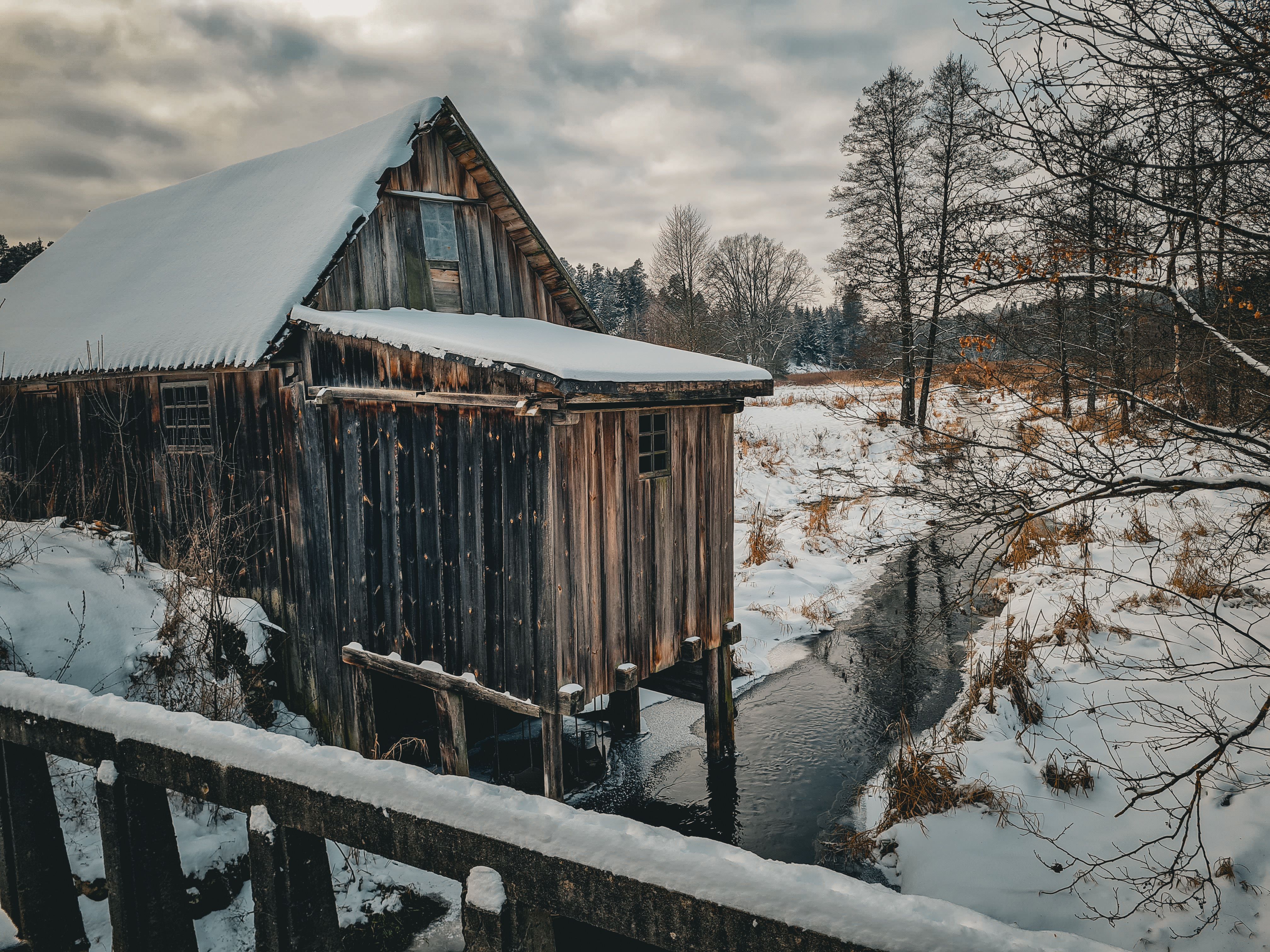 Wooden Barn by the Stream in Winter · Free Stock Photo