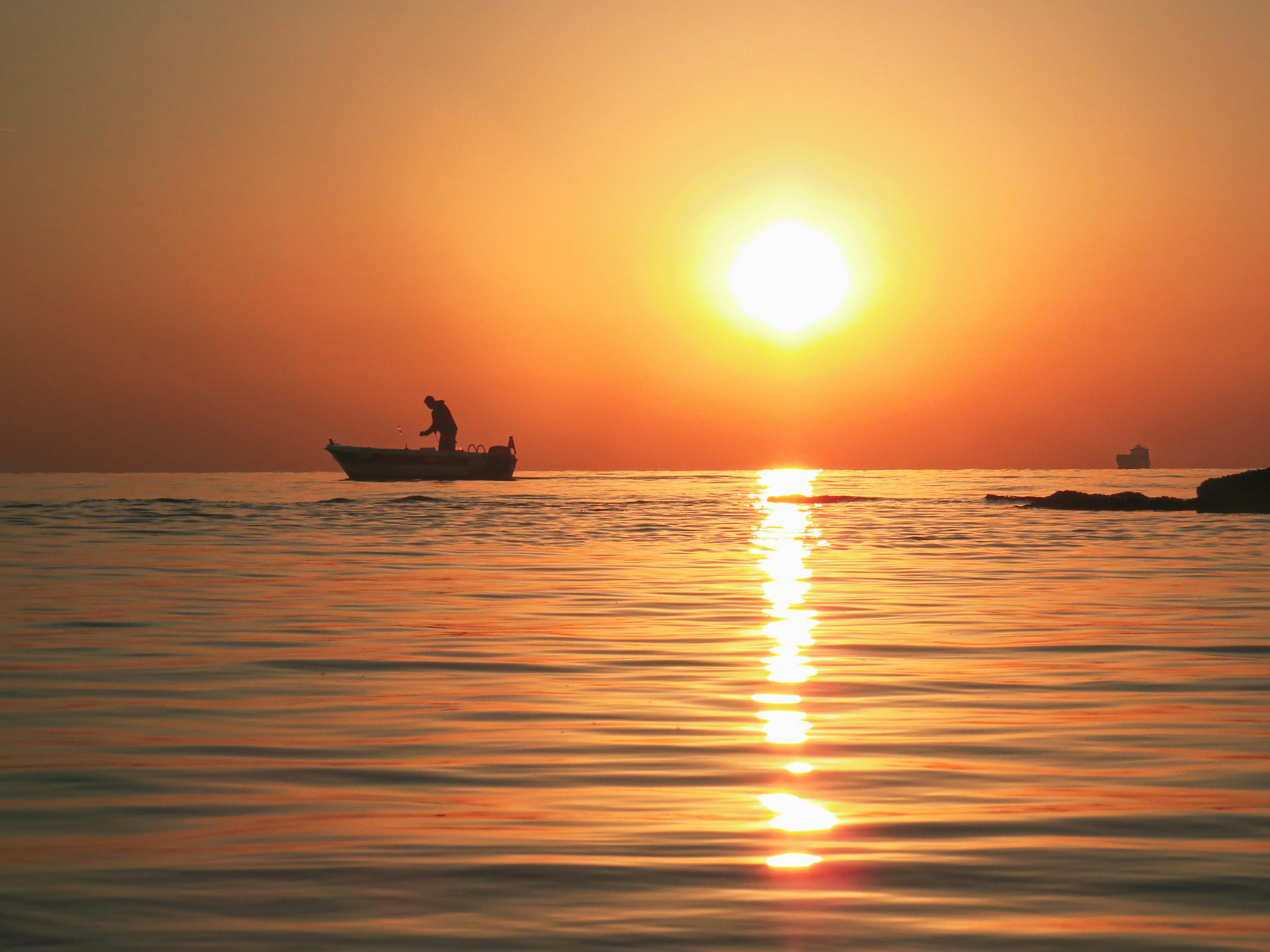 Man Rowing a Boat on the Sea at Sunset · Free Stock Photo