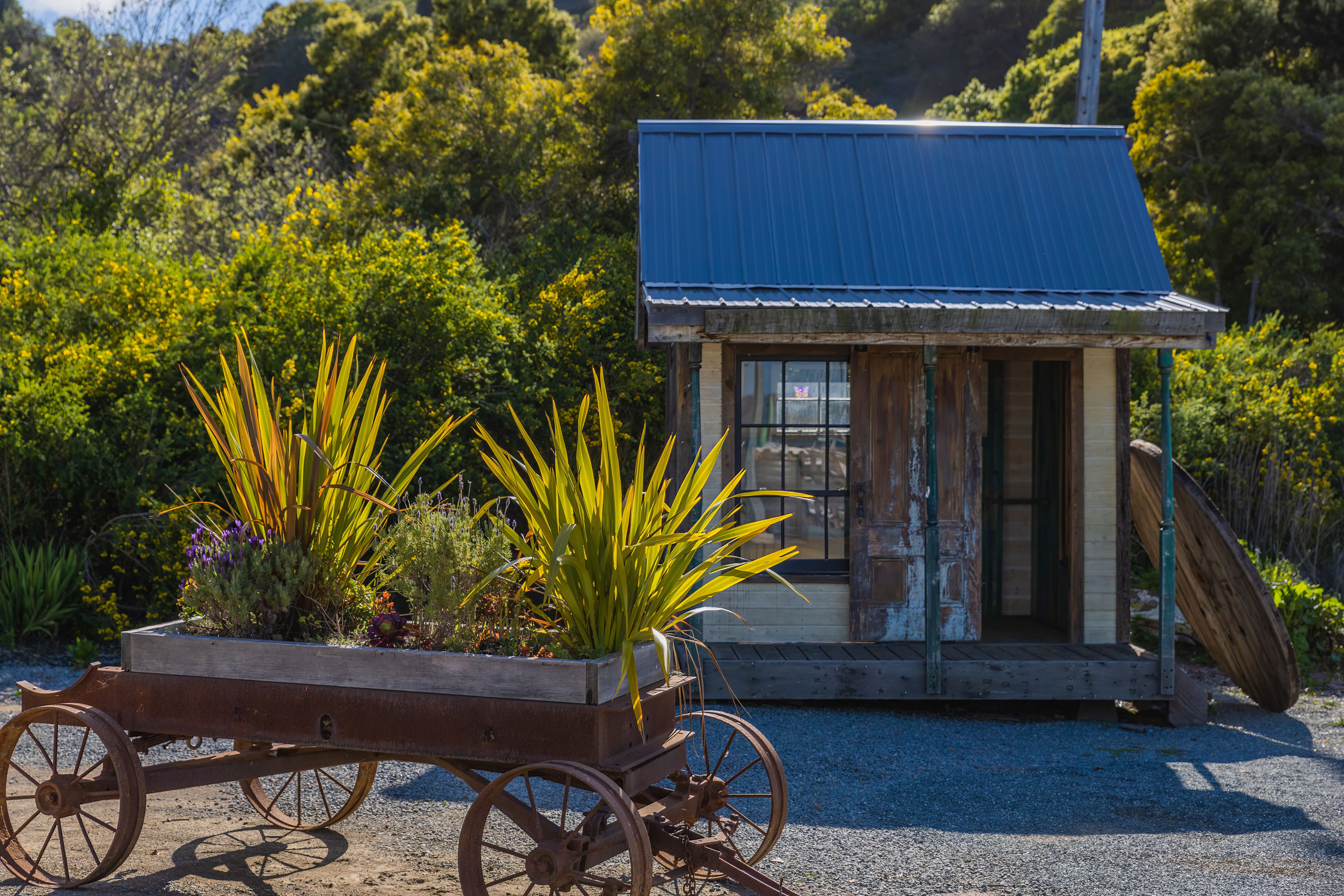 A Small Wooden Hut and a Cart with Plants in the Garden · Free Stock Photo