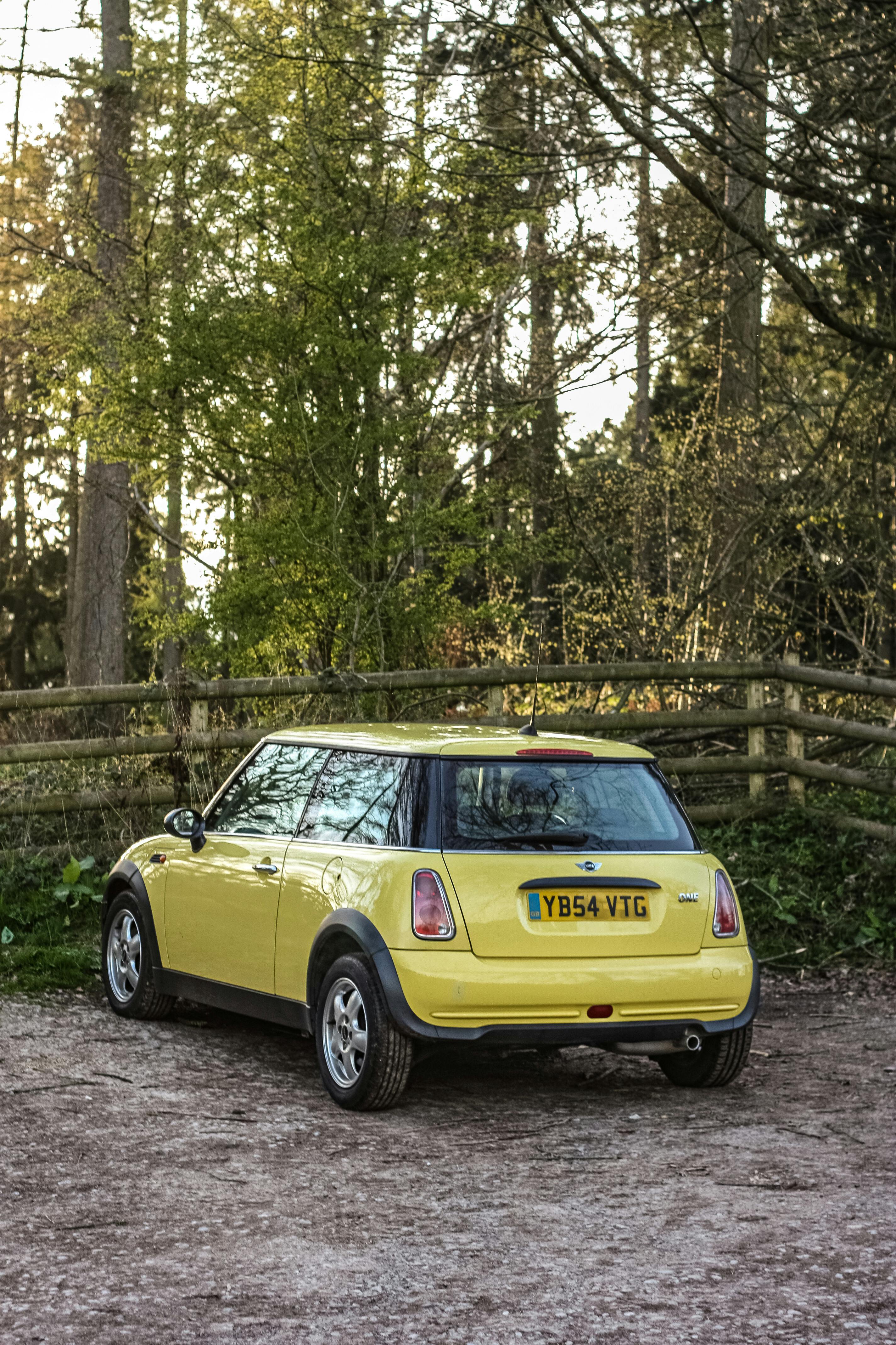 Yellow Mini Cooper and Trees behind · Free Stock Photo