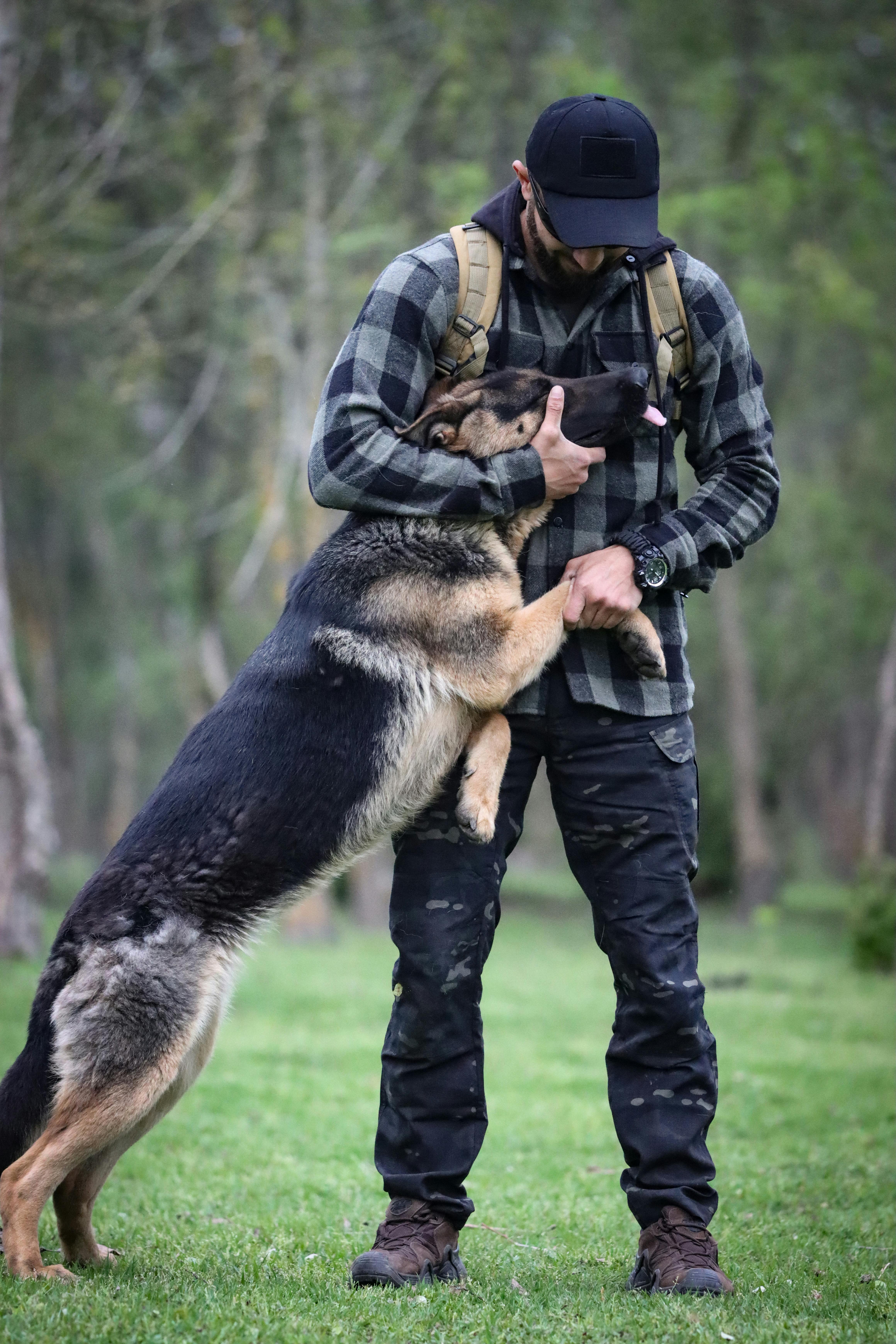 Man in Cap Hugging German Shepherd Dog · Free Stock Photo