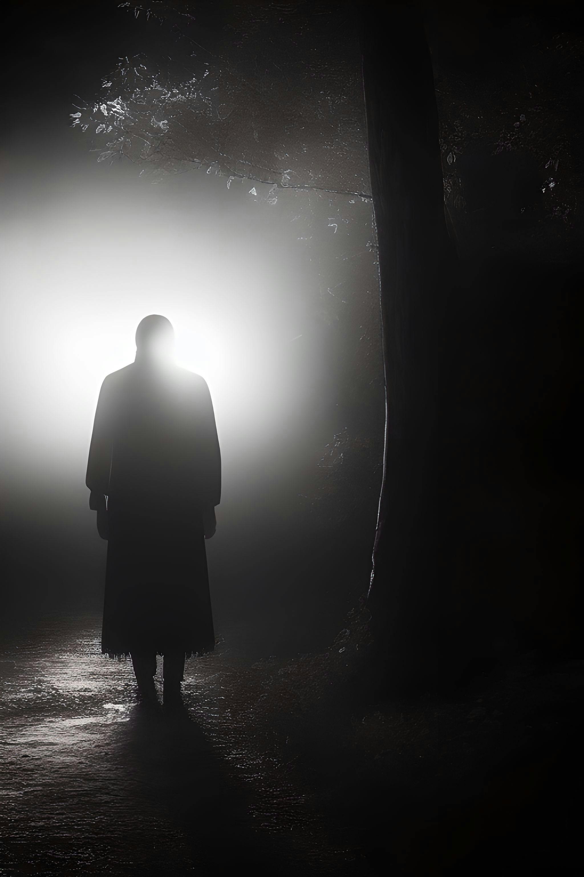 Light over Person in Coat Standing near Tree in Darkness · Free Stock Photo