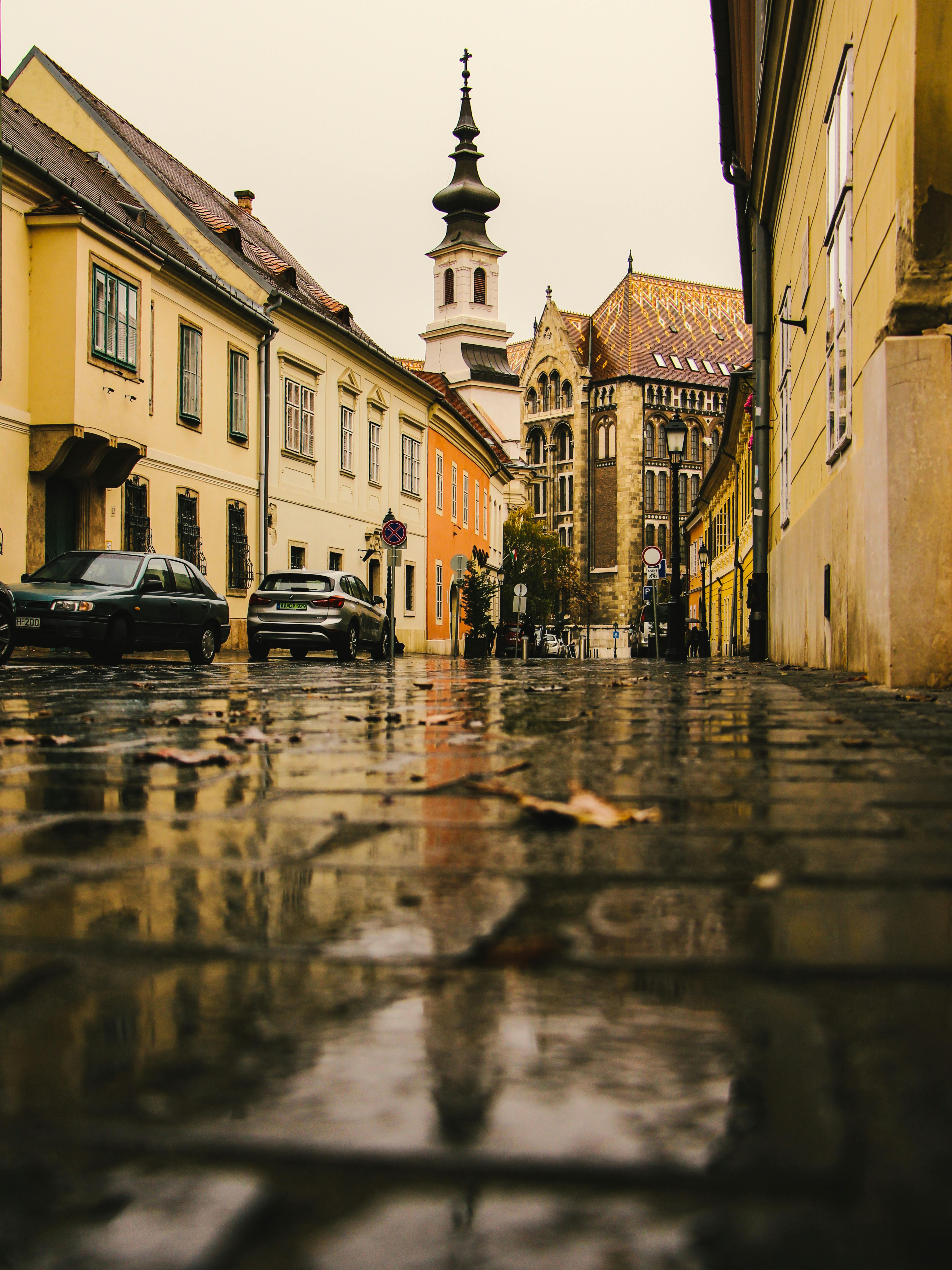 Cobbled Alley in Budapest Wet with Rain · Free Stock Photo
