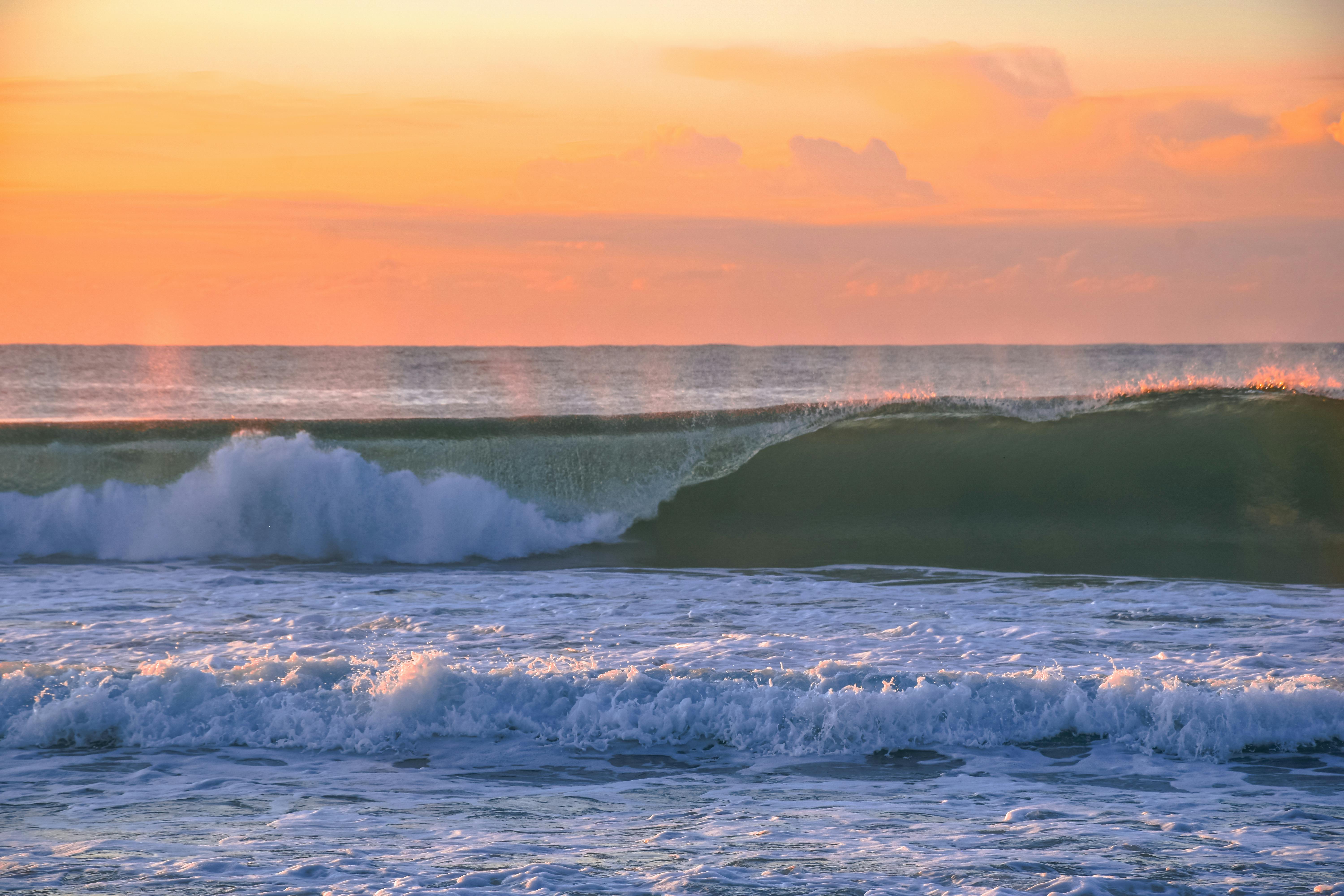 A surfer rides a wave at sunset · Free Stock Photo