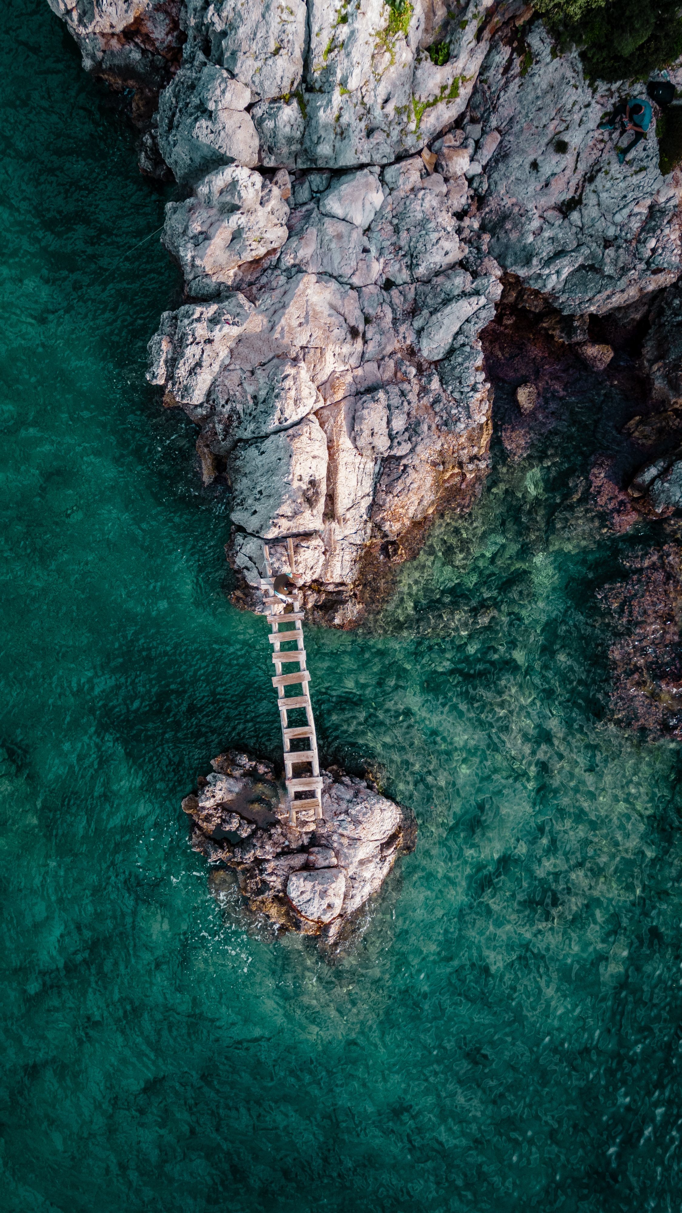 Drone Shot of a Wooden Bridge between Rock Formations on the Shore at ...