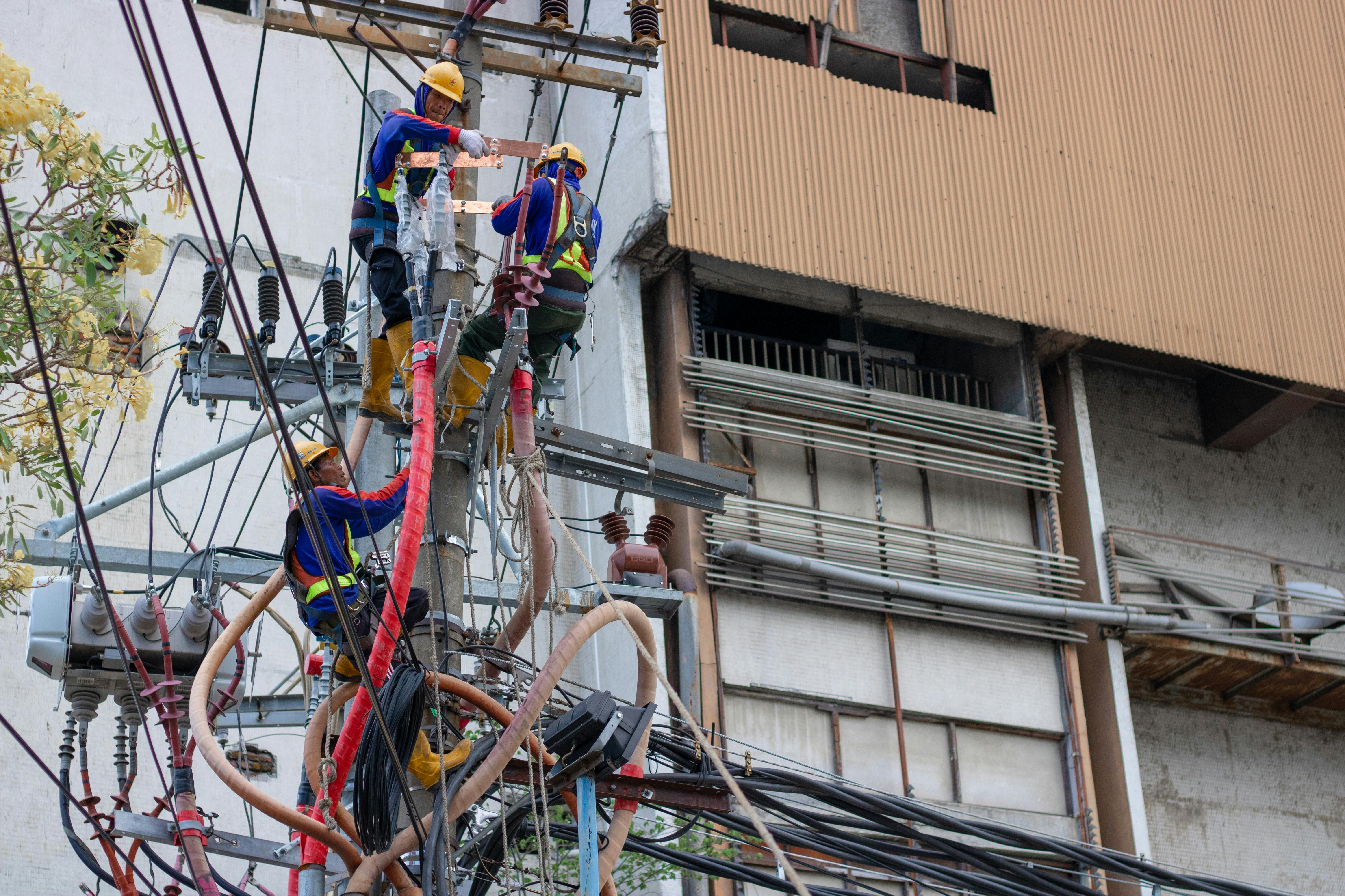 Free stock photo of dangerous work, electric, network cables
