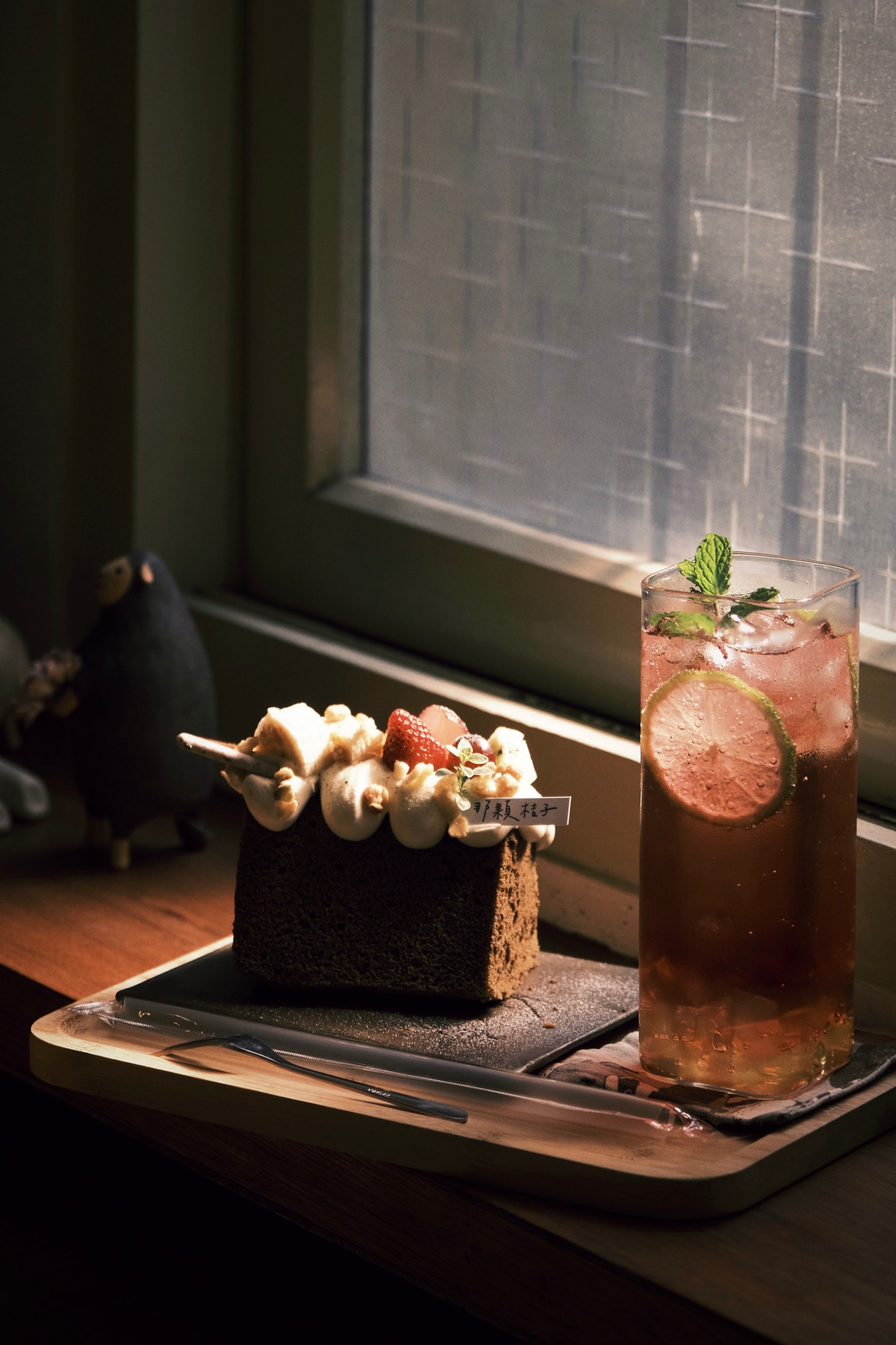 Cake and Cocktail on Tray on Windowsill · Free Stock Photo
