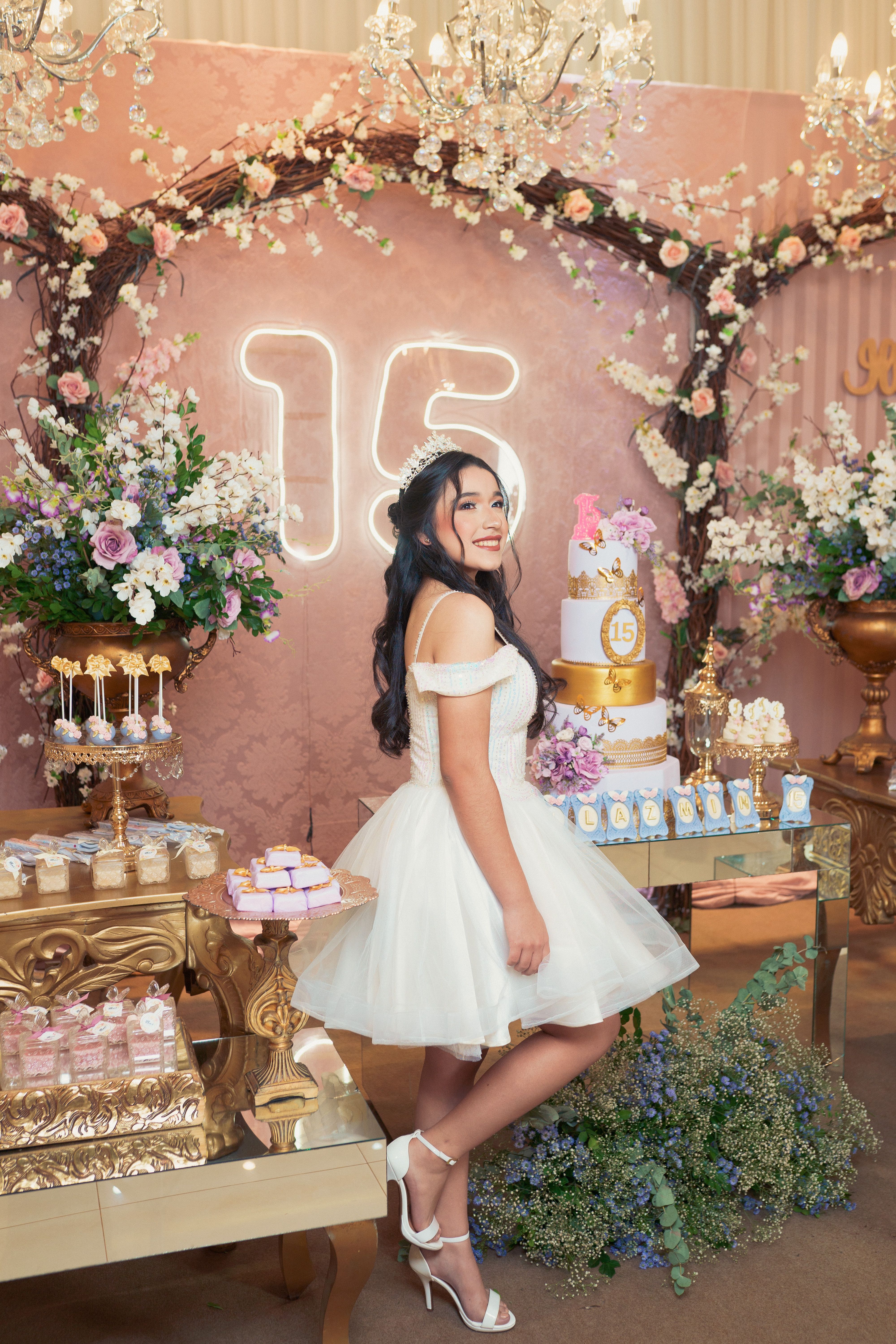 A Quinceañera Posing by her Birthday Cake · Free Stock Photo