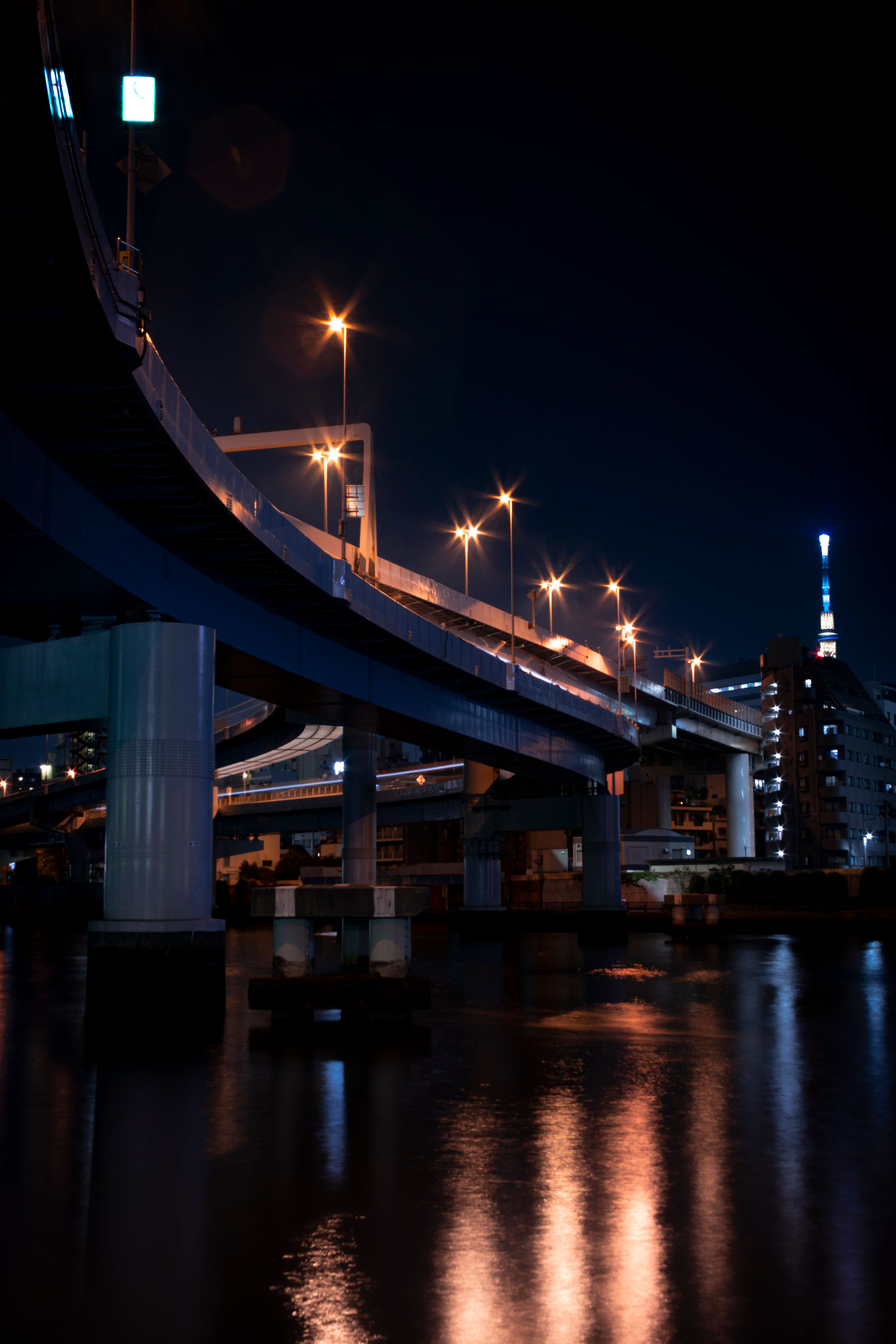 Lighted Bridge over Water at Night · Free Stock Photo