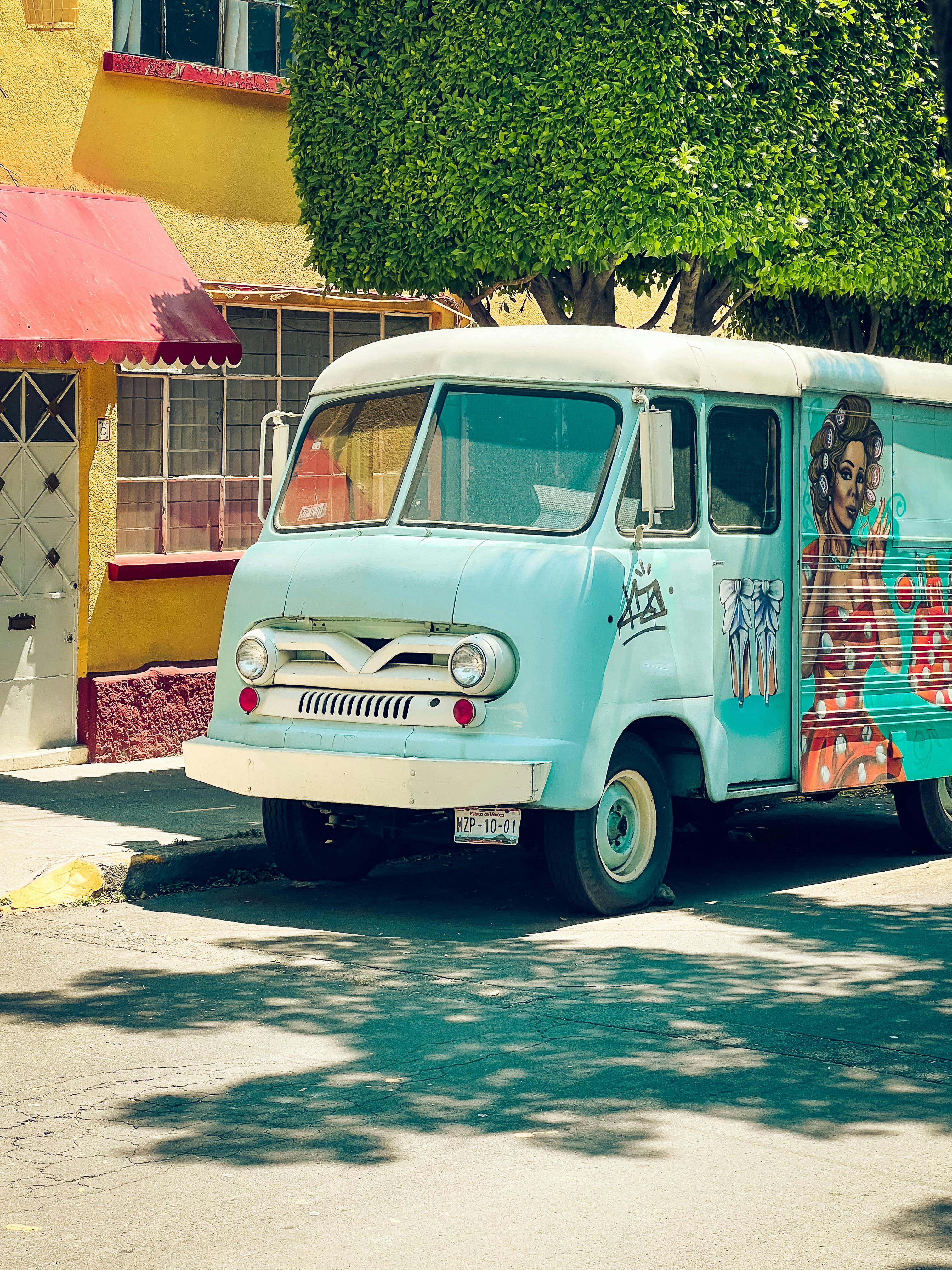 Vintage, Blue Bus on Street · Free Stock Photo