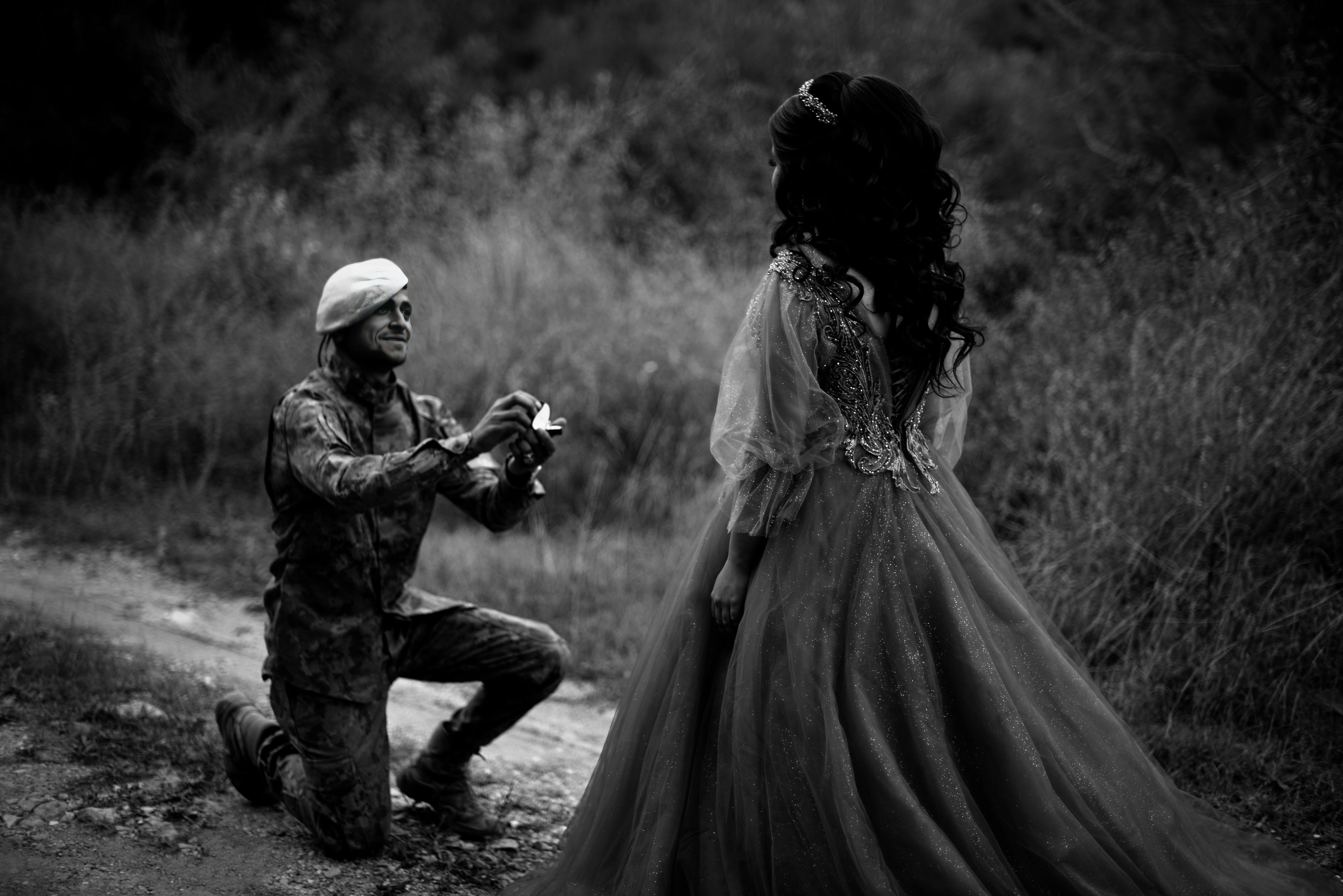 Soldier and Woman Engagement in Black and White · Free Stock Photo
