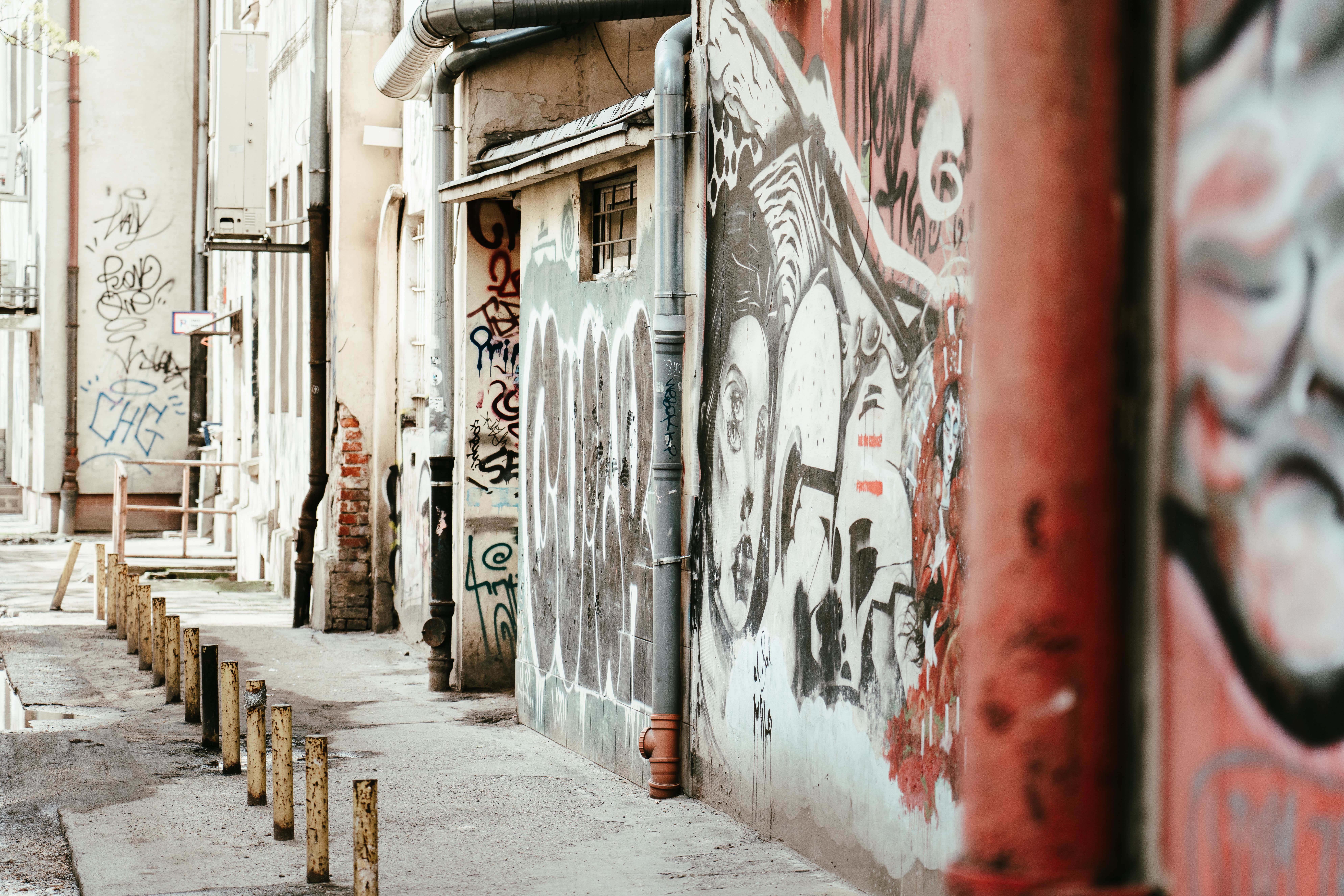City Street with Building Facades Painted with Murals · Free Stock Photo