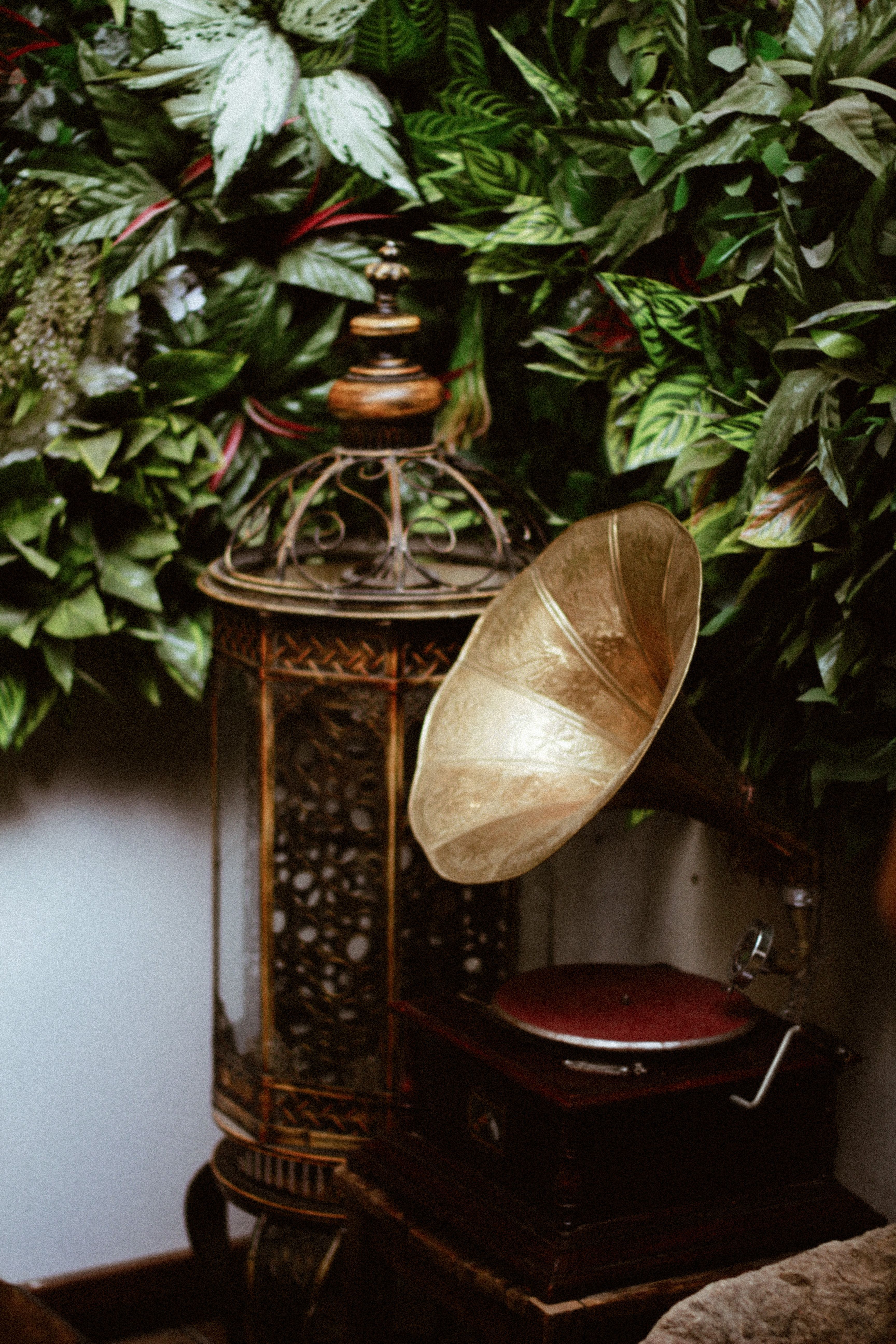 Vintage Gramophone and an Ornate Lamp · Free Stock Photo