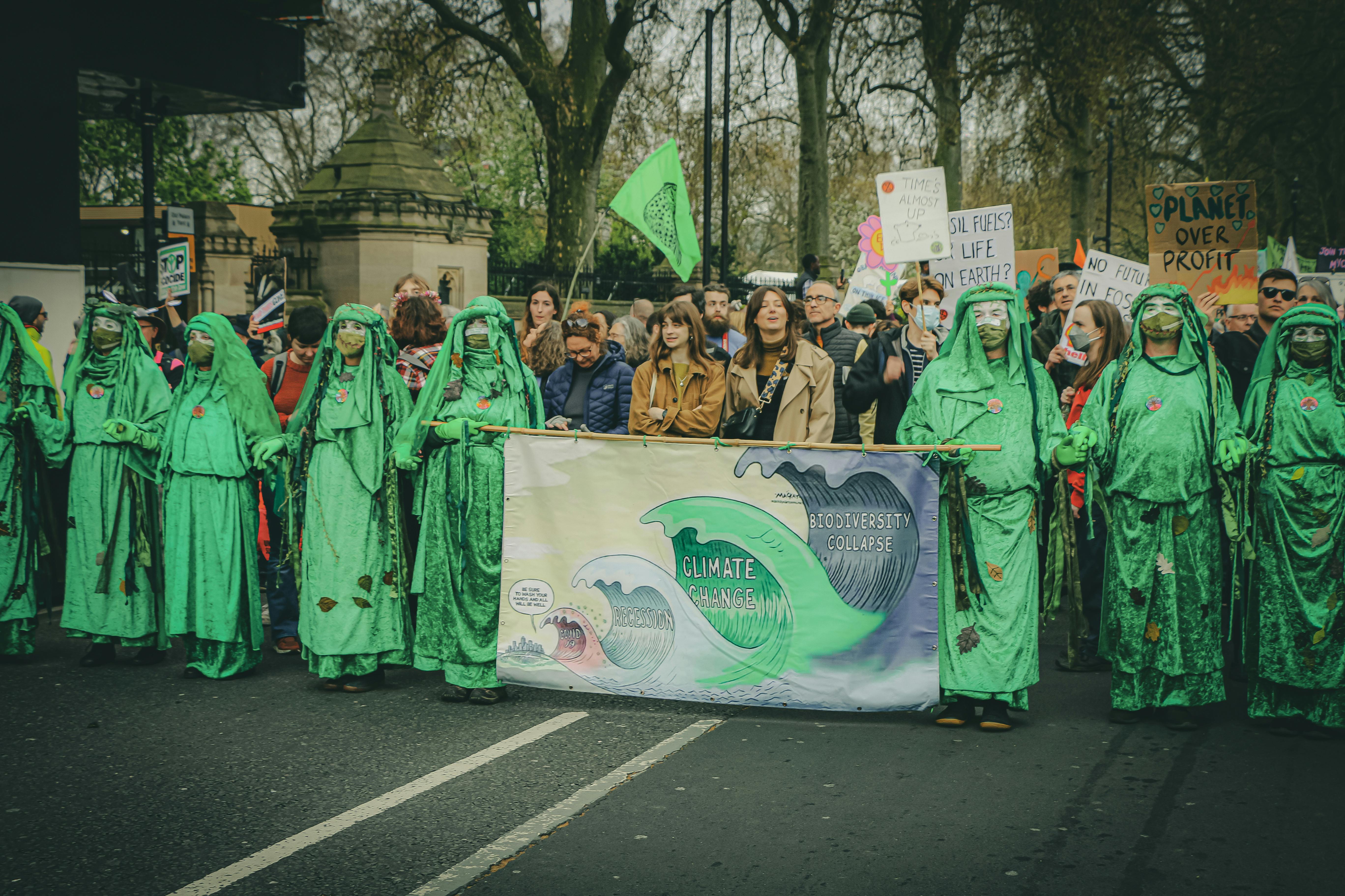 People in Costumes Holding Banners during a Climate Protest on a Street ...