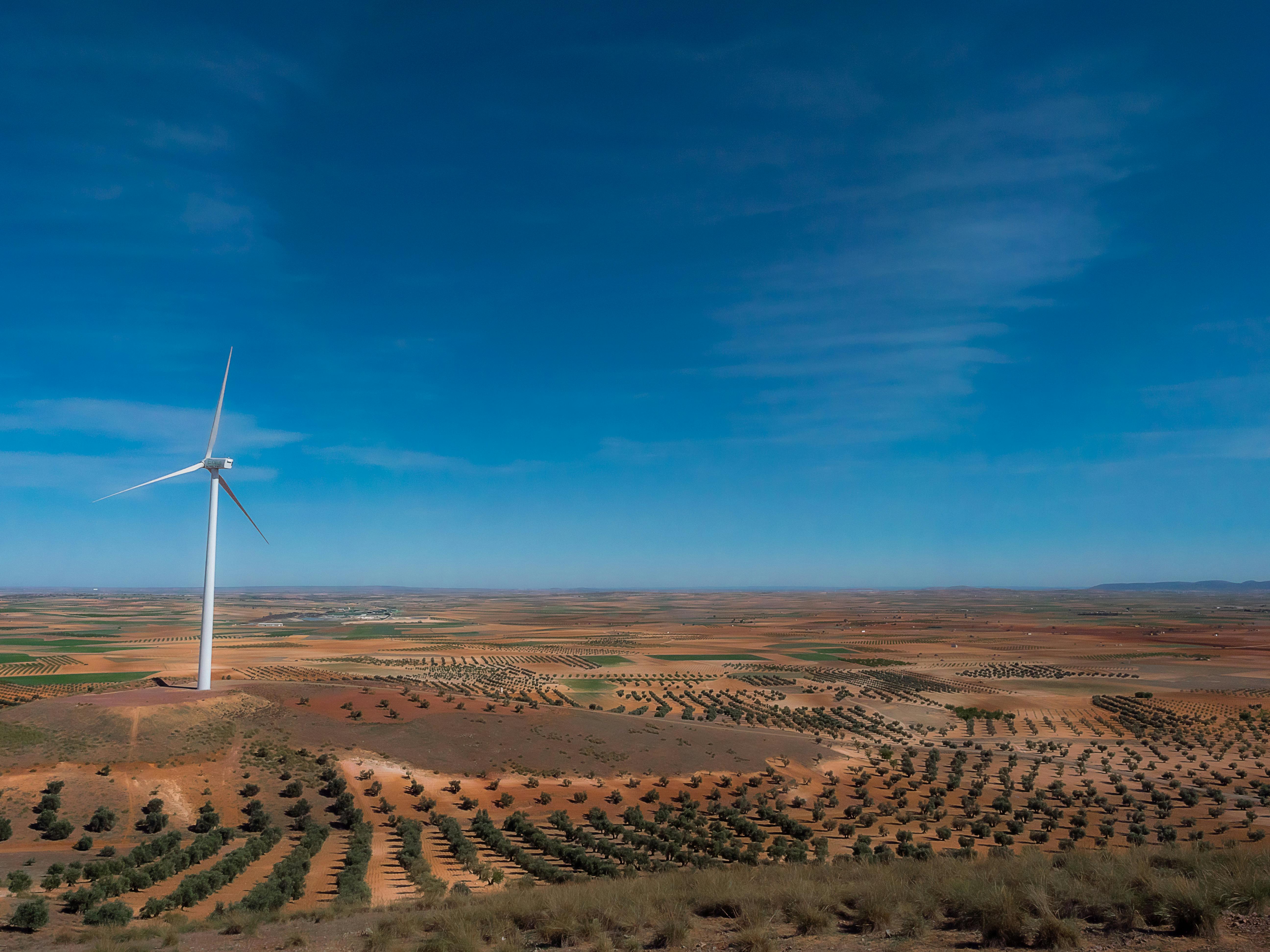 Wind Turbine Among Vast Fields and Olive Orchards · Free Stock Photo