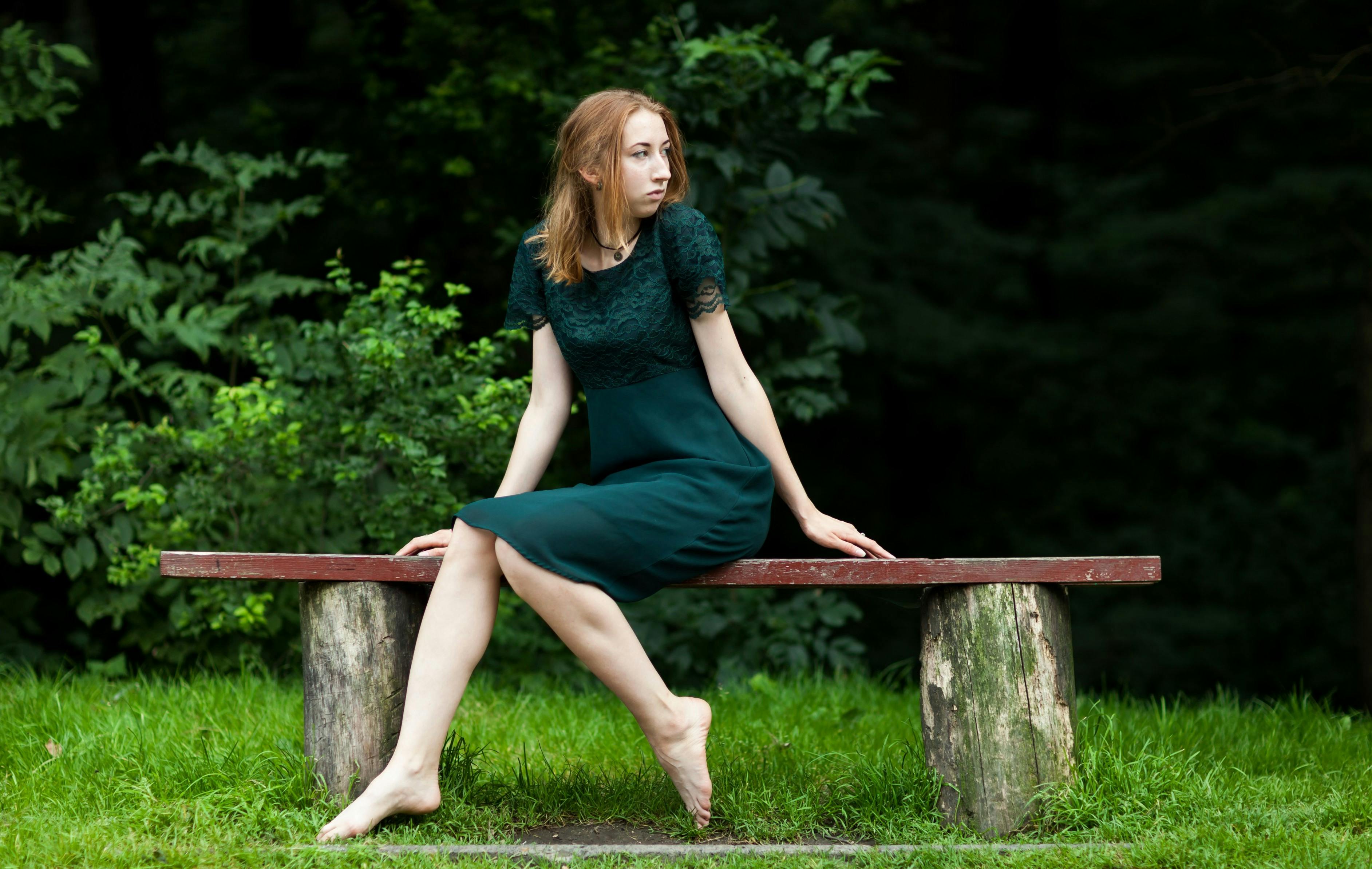 Woman in Dress Sitting and Posing on Bench · Free Stock Photo
