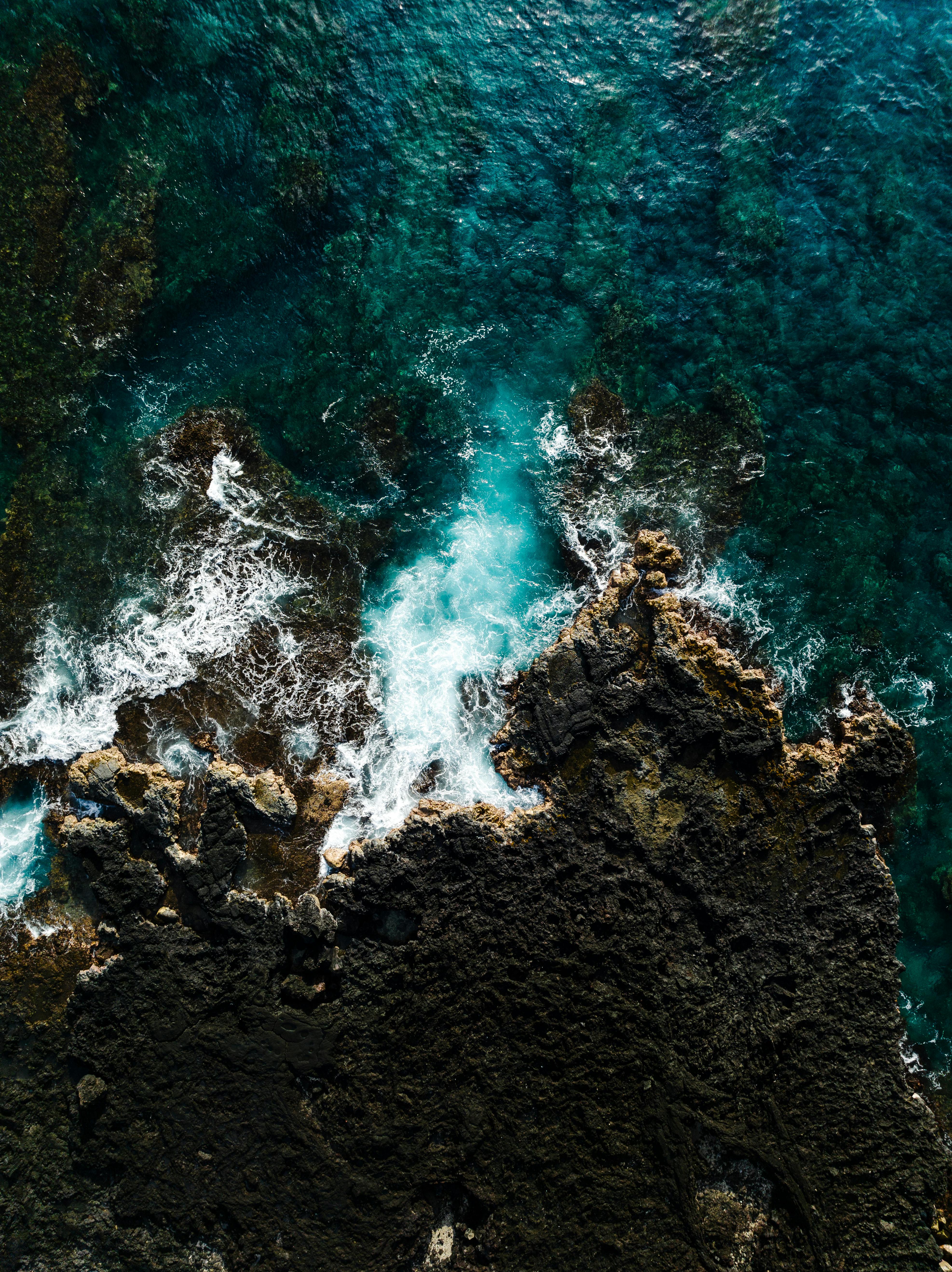 Top View of Waves Crashing on the Rocky Shore · Free Stock Photo