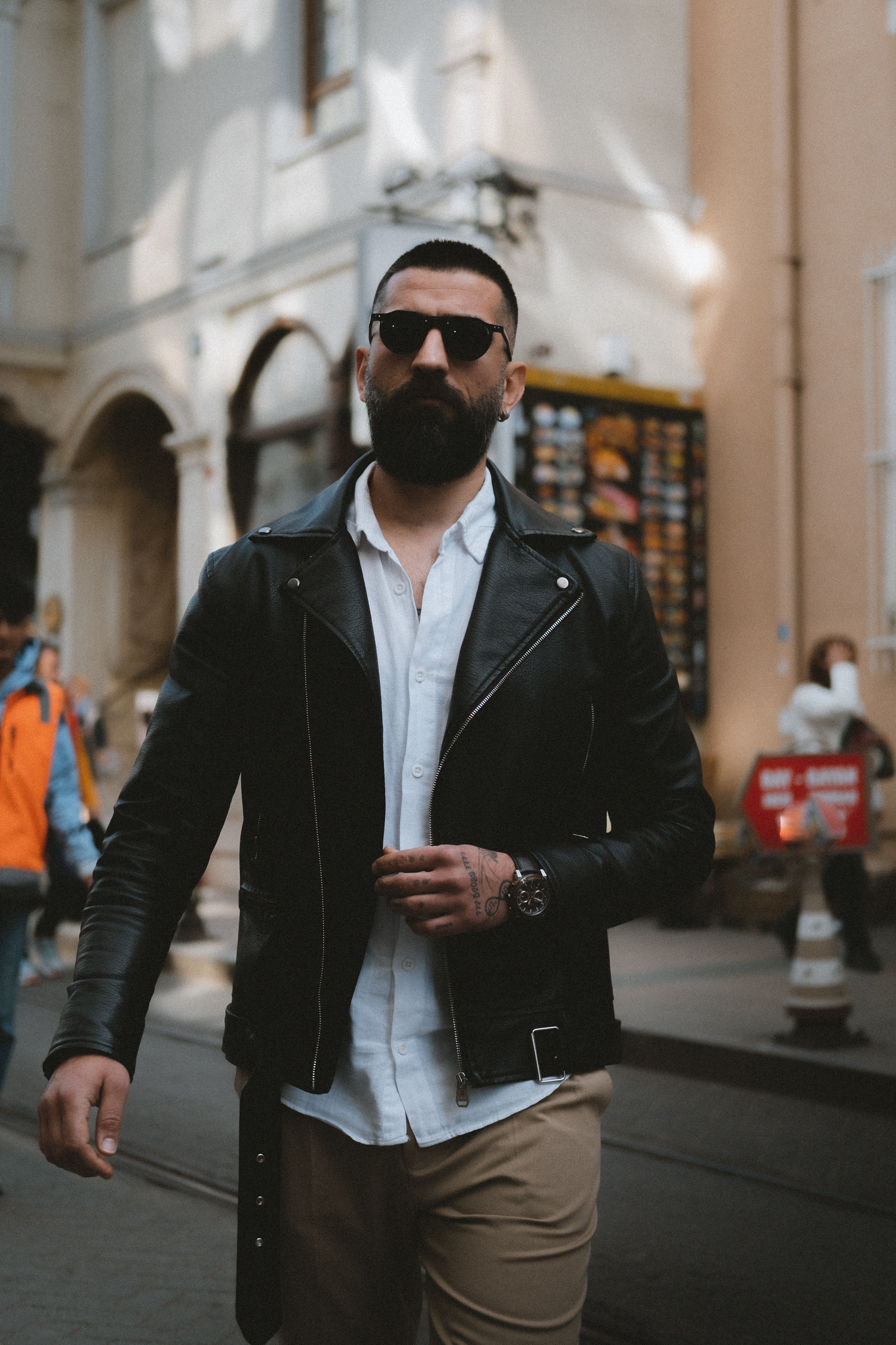 Man in Black Leather Jacket in Street · Free Stock Photo