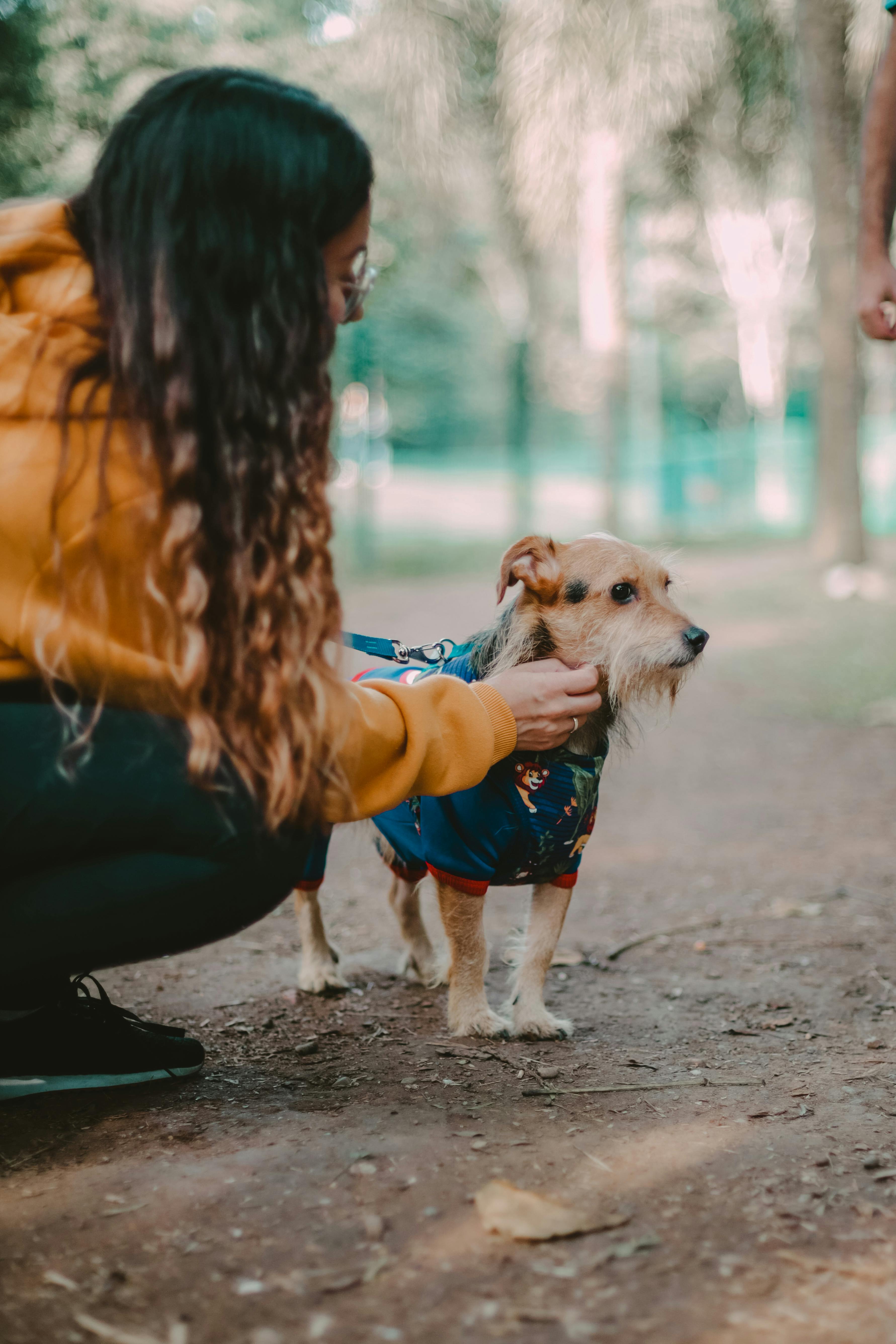 Woman Squatting with Dog in Clothes · Free Stock Photo