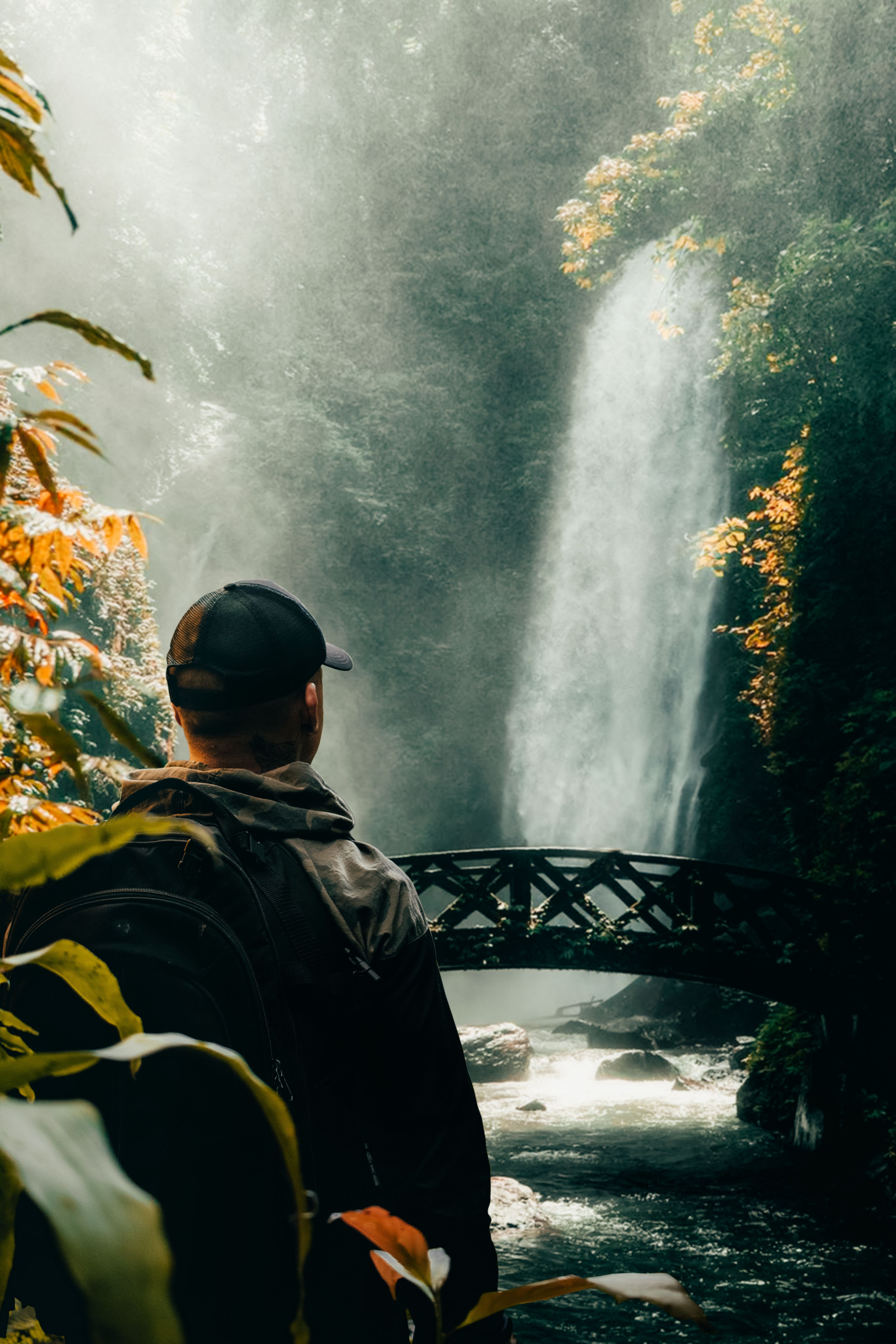 Man Standing near Waterfall in Forest · Free Stock Photo
