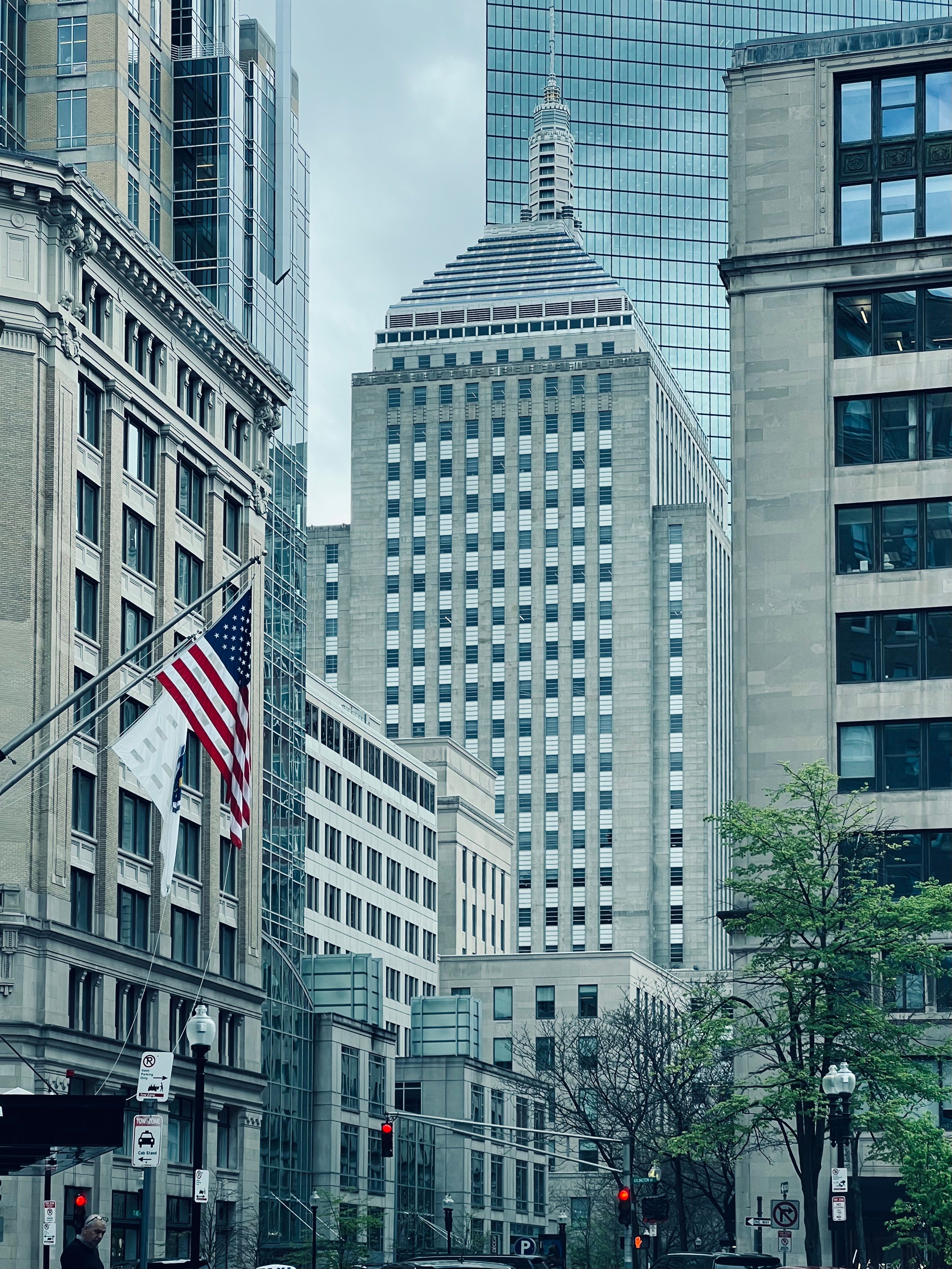 Street with Modern Architecture and American Flag · Free Stock Photo