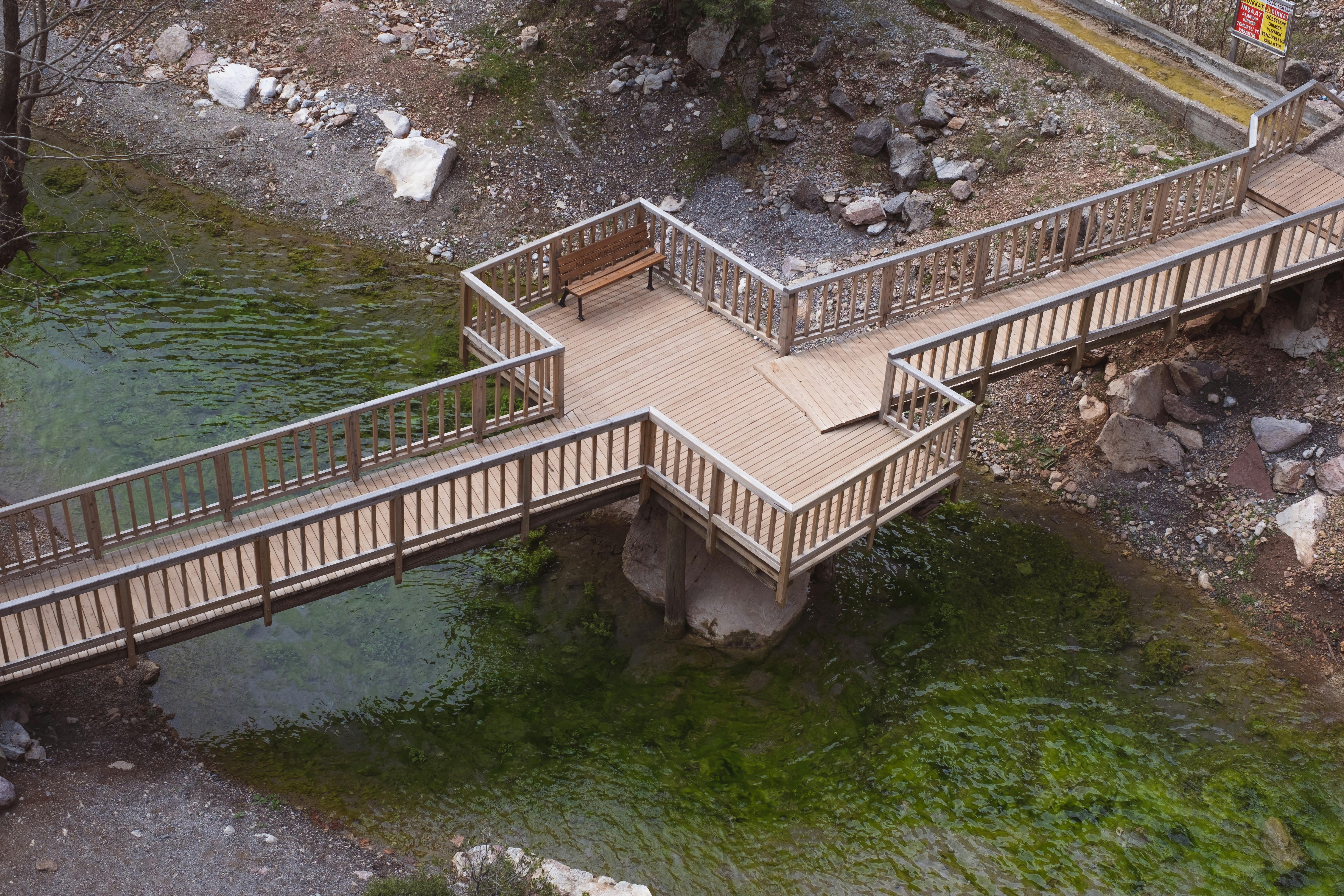 Bench on Footbridge in Stream · Free Stock Photo