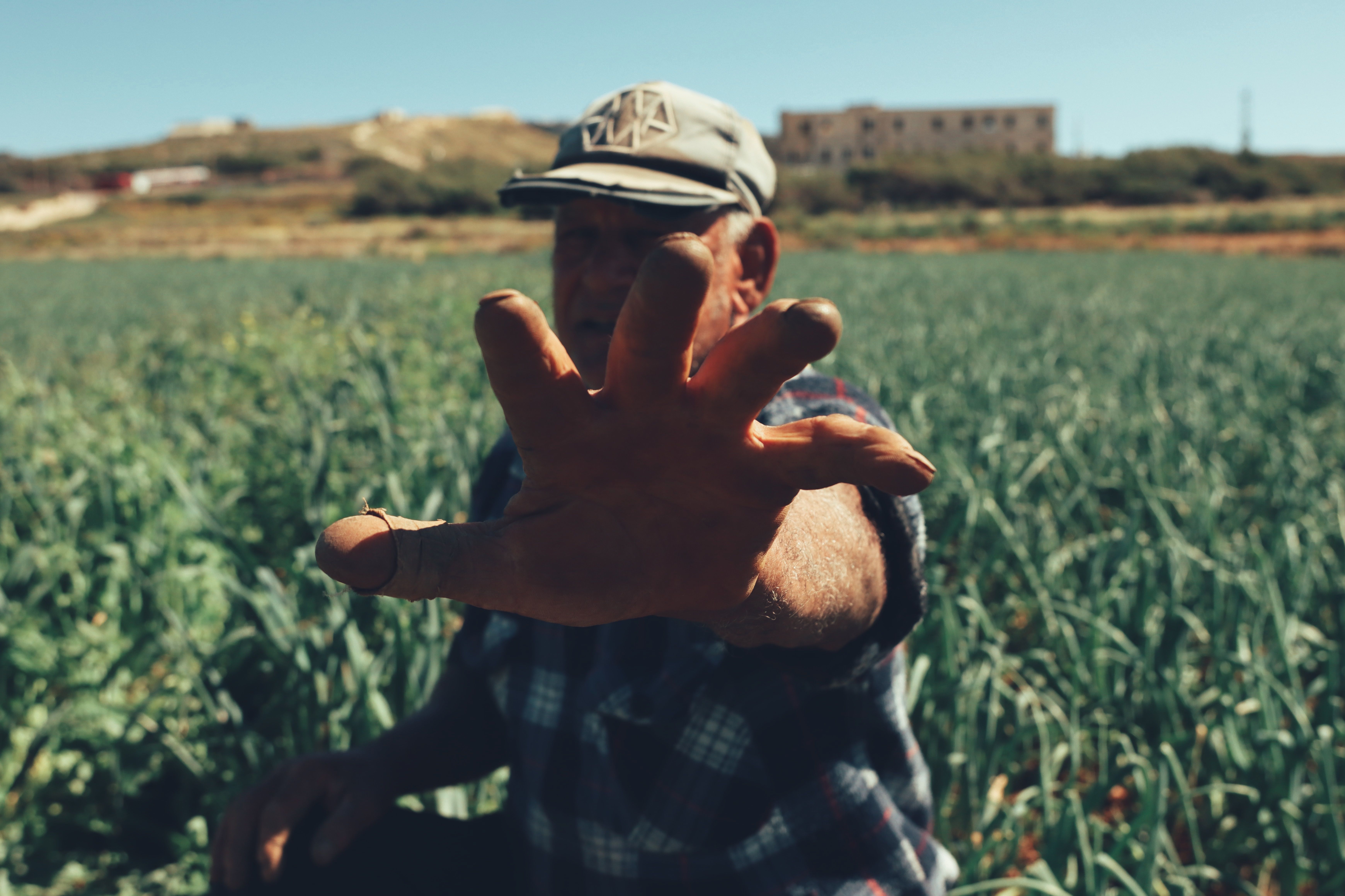 Elderly Man Standing in a Field and Reaching His Hand Toward the Camera ...
