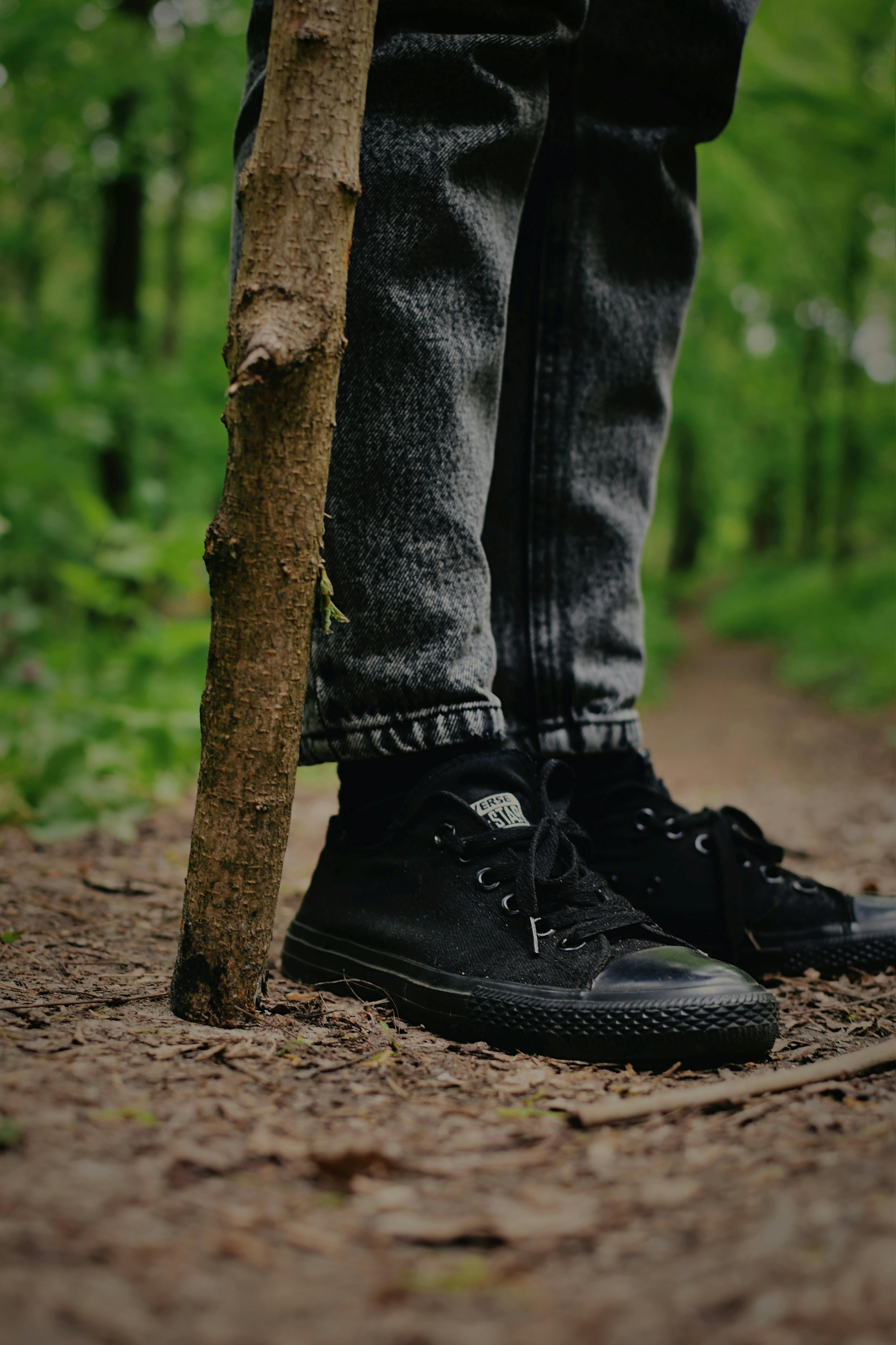 Legs of Person in Black Shoes Holding Branch Standing on Forest Path ...