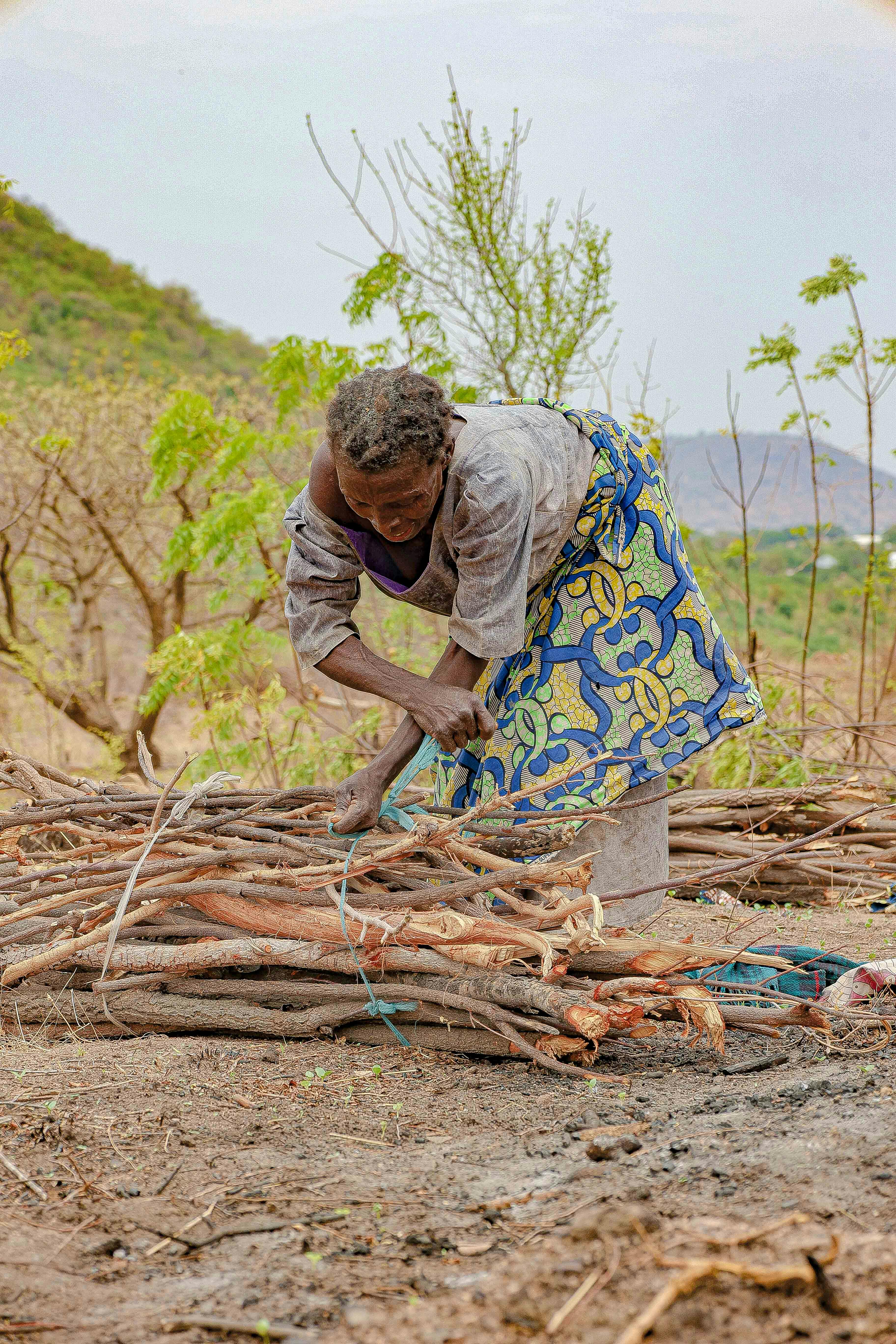 Woman Tying a Bundle of Sticks on a Field · Free Stock Photo