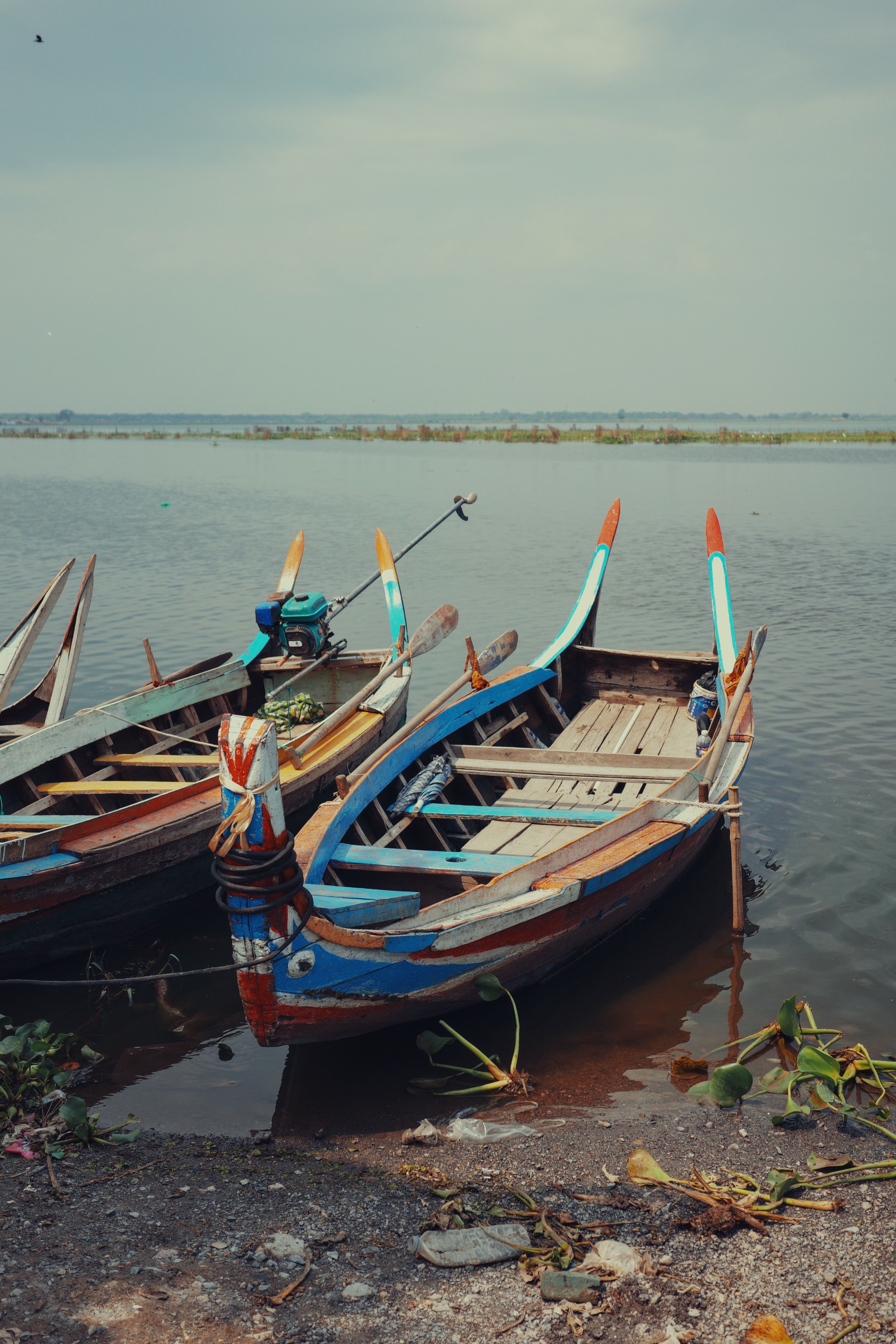 Colorful Boats Moored on the Lake Shore · Free Stock Photo