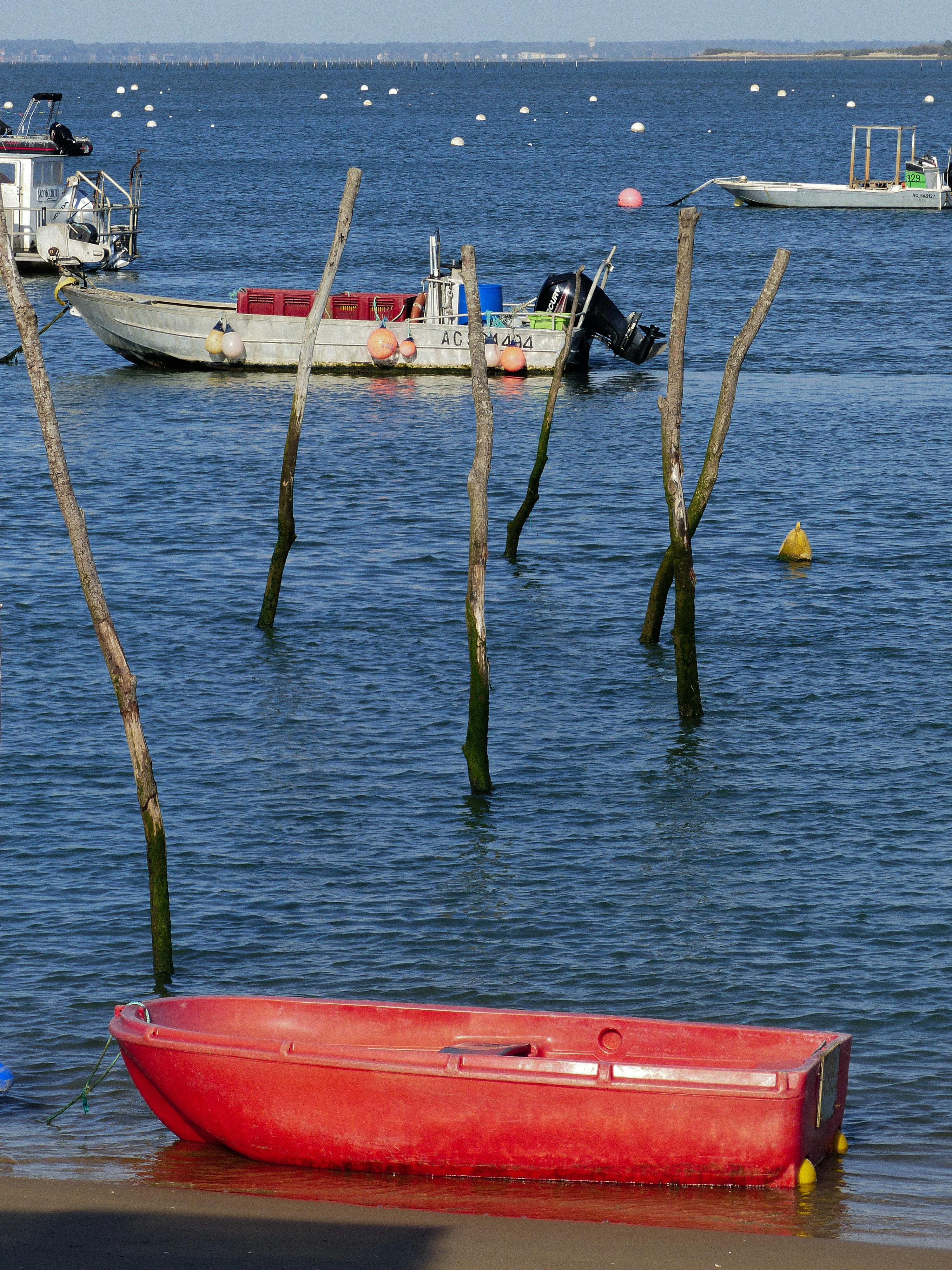 Boat, Wooden Poles and Motorboat on Sea Shore · Free Stock Photo