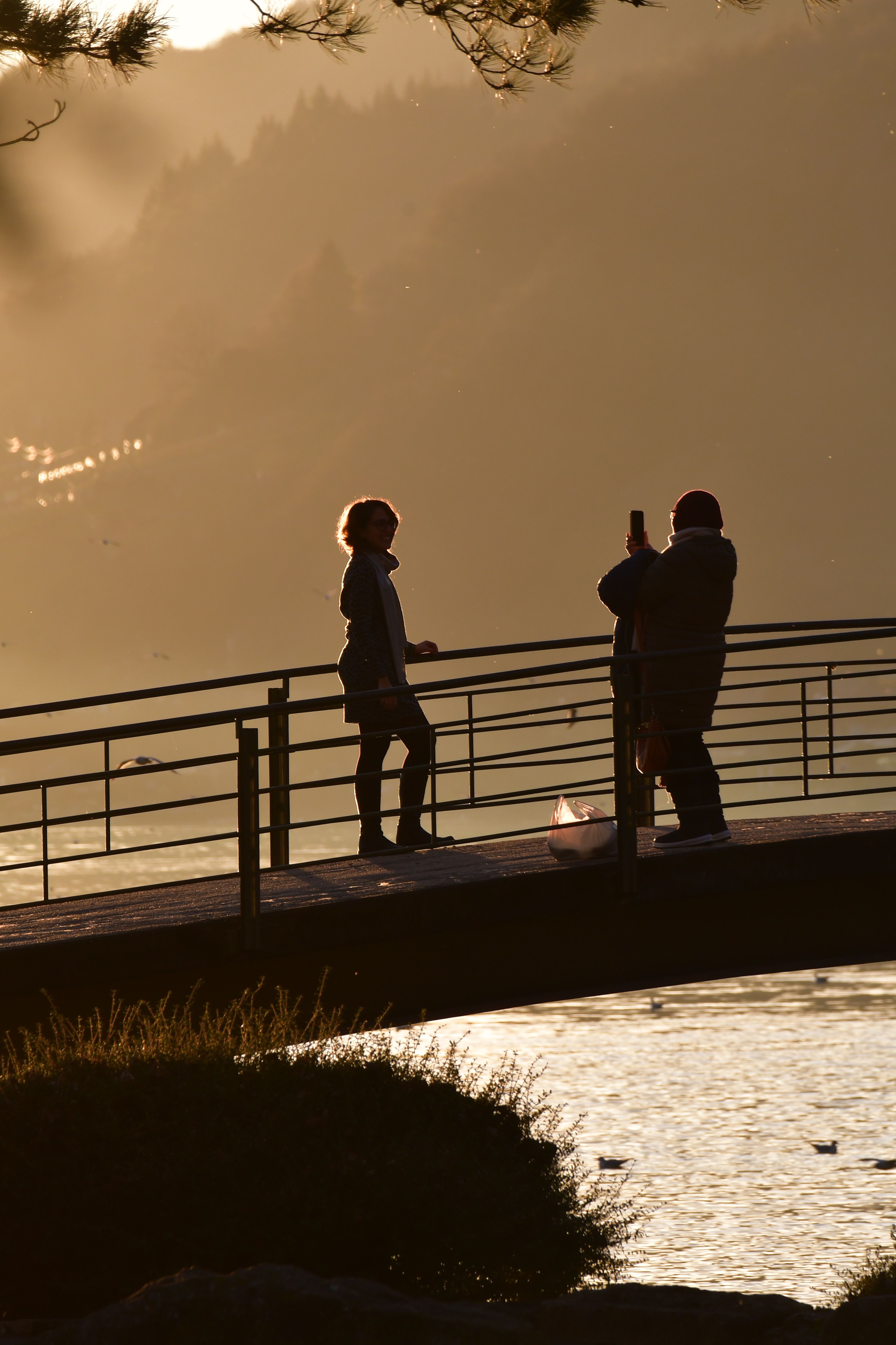 Silhouette of People Taking Pictures on Bridge at Sunset · Free Stock Photo