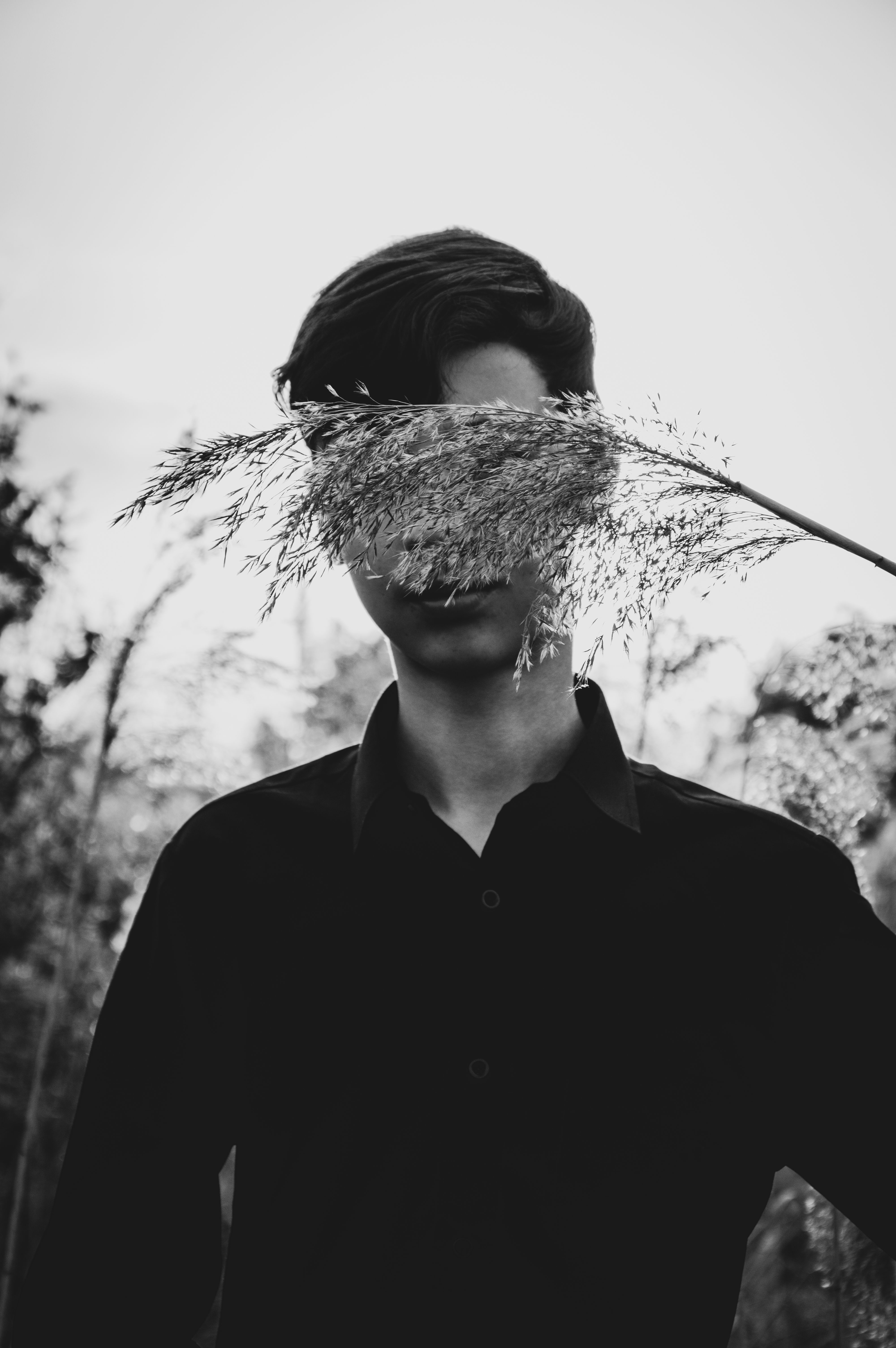 Man in Shirt Posing with Plant over Face · Free Stock Photo